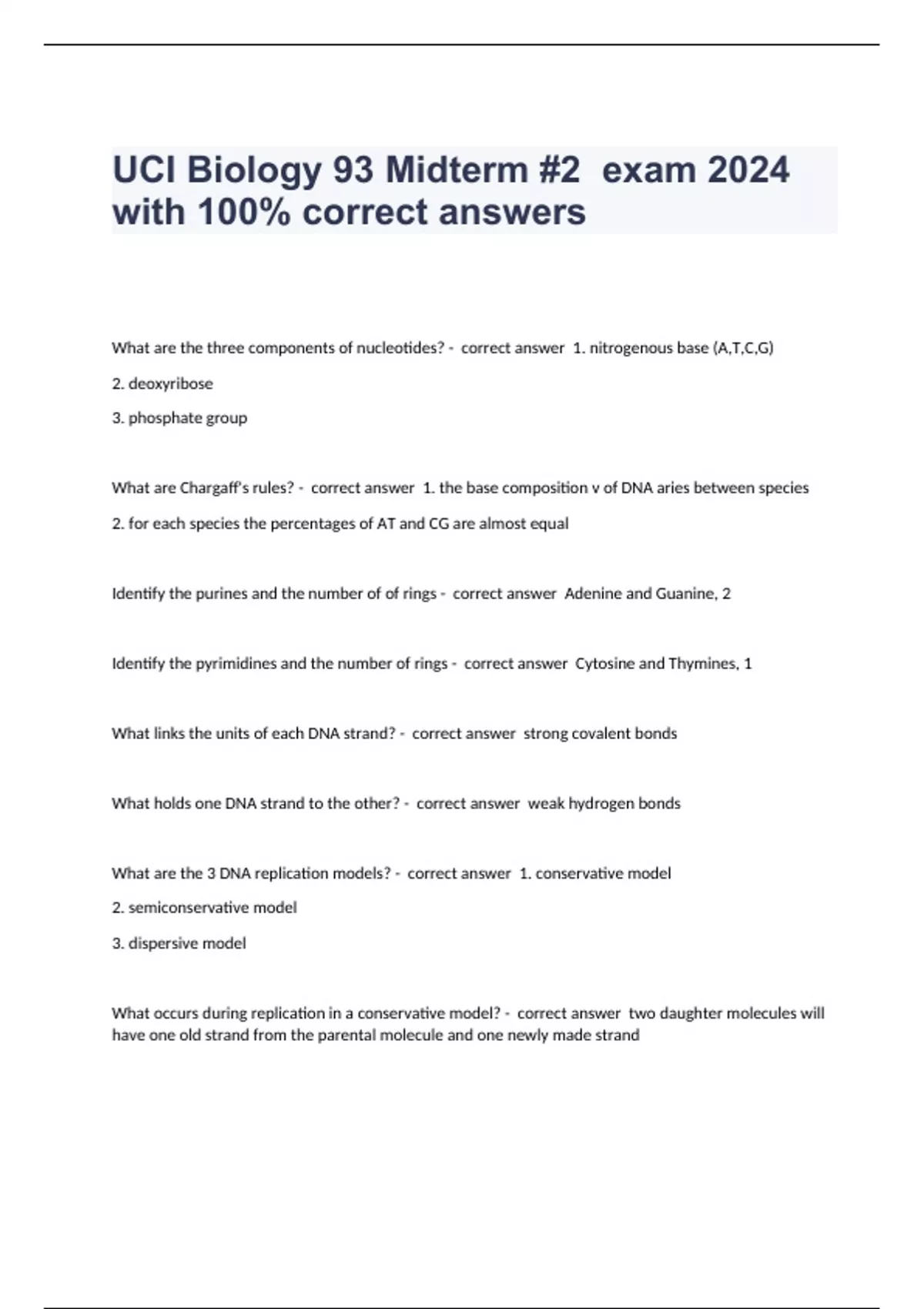 UCI Biology 93 Midterm #2 exam 2024 with 100% correct answers - UCI Biology 93 - Stuvia US