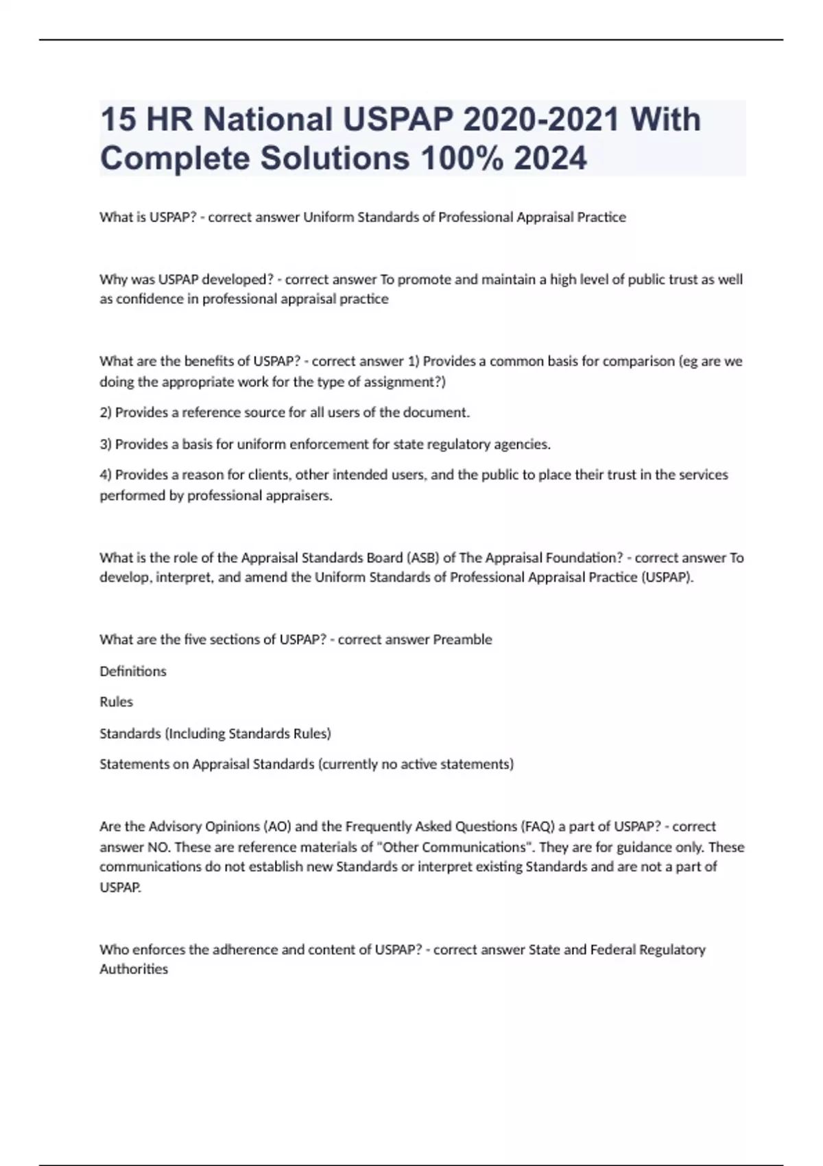 15 HR National USPAP Questions & Detailed Answers 2024 - National uspap ...