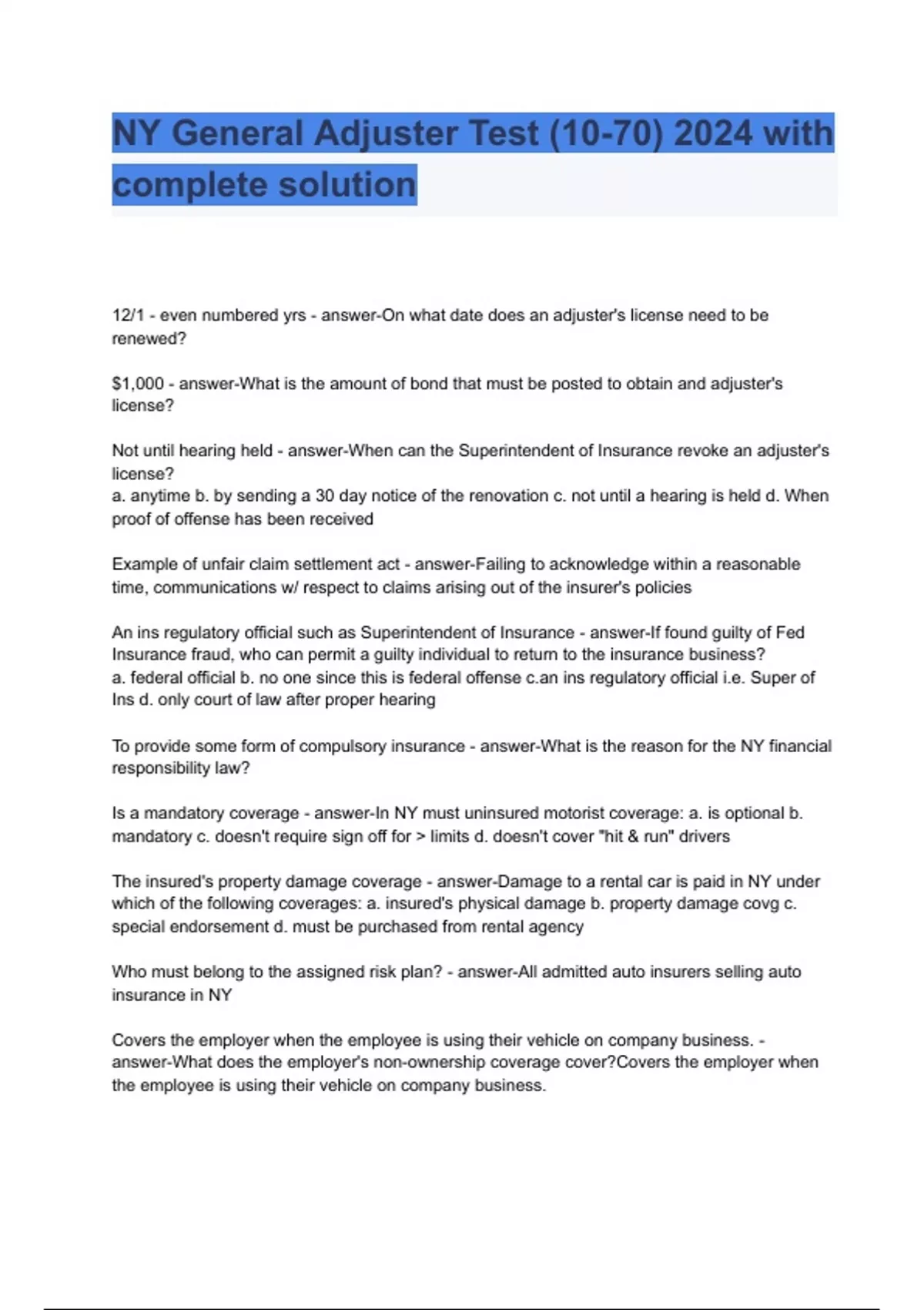 NY General Adjuster Test (10-70) 2024 with complete solution - NY ...