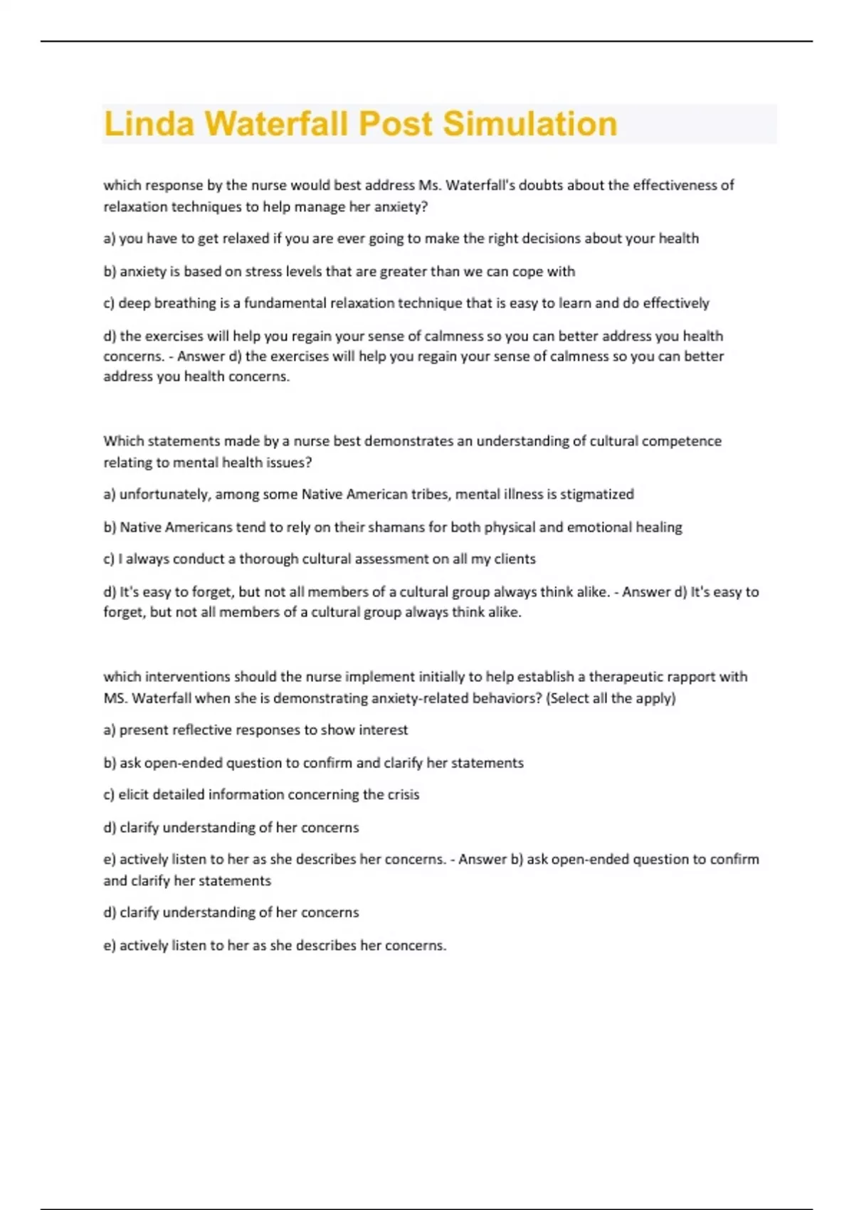 Linda Waterfall Post Simulation Questions And Answers Rated A+ New Update 2024 Assured ...