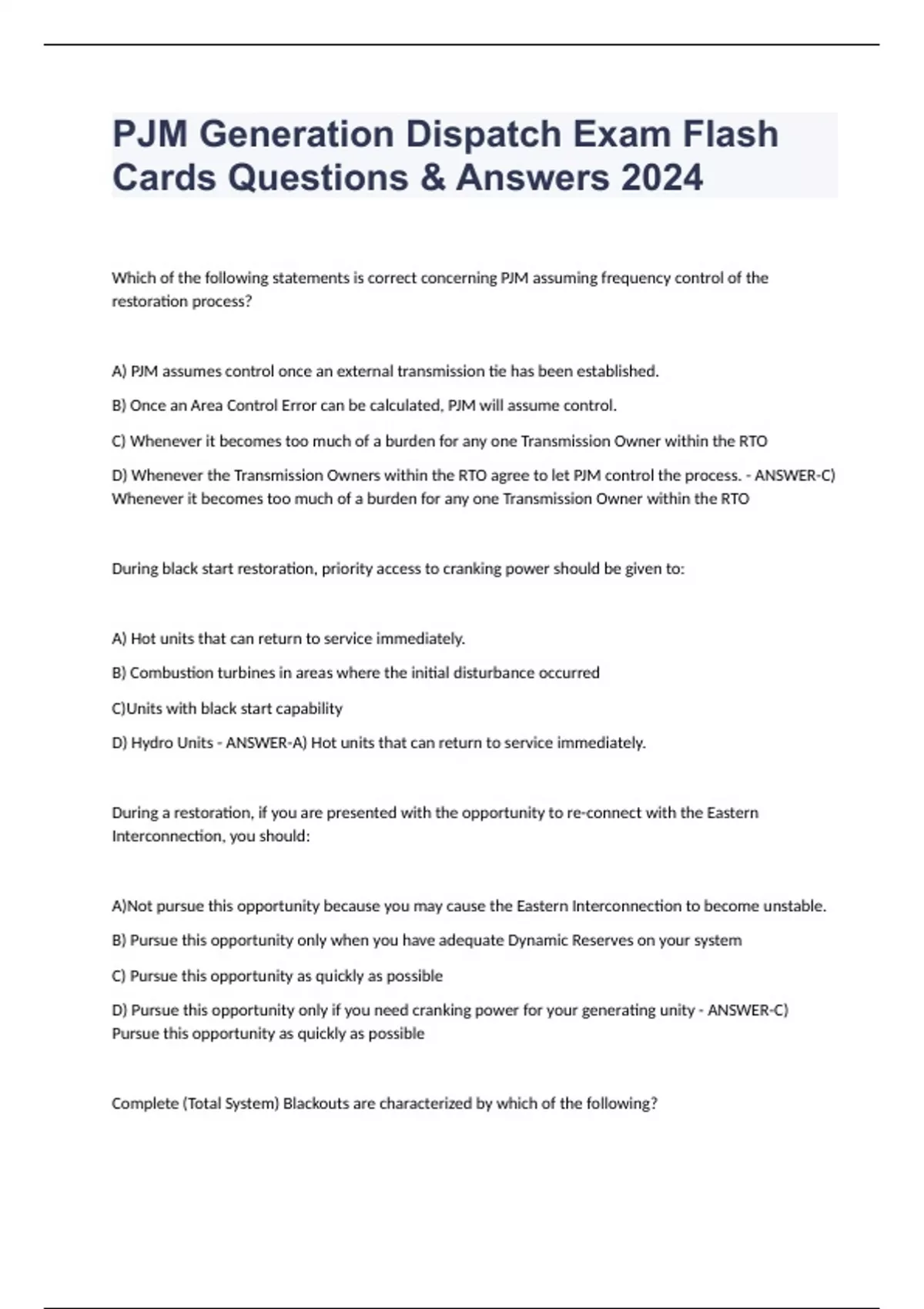 PJM Generation Dispatch Exam Flash Cards Questions & Answers 2024 - PJM ...