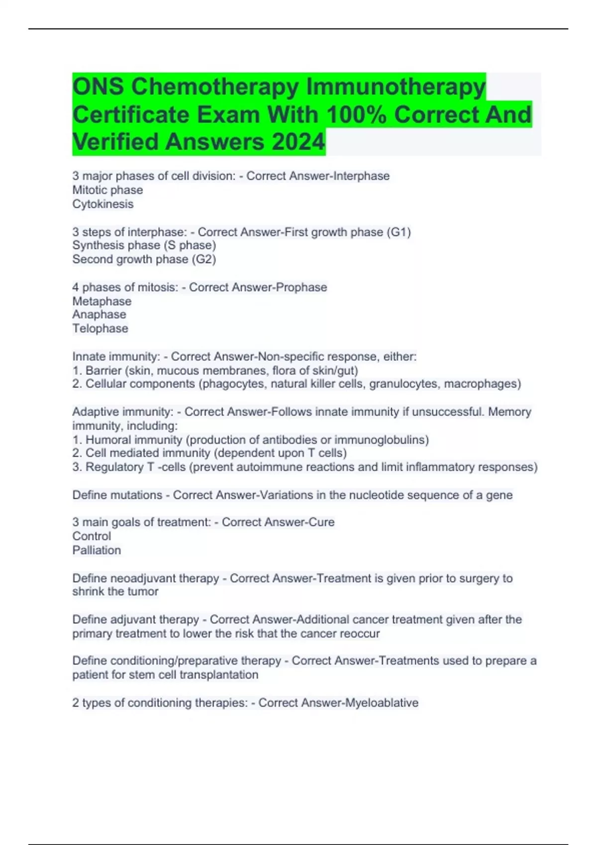 ONS Chemotherapy Immunotherapy Certificate Exam With 100% Correct And ...