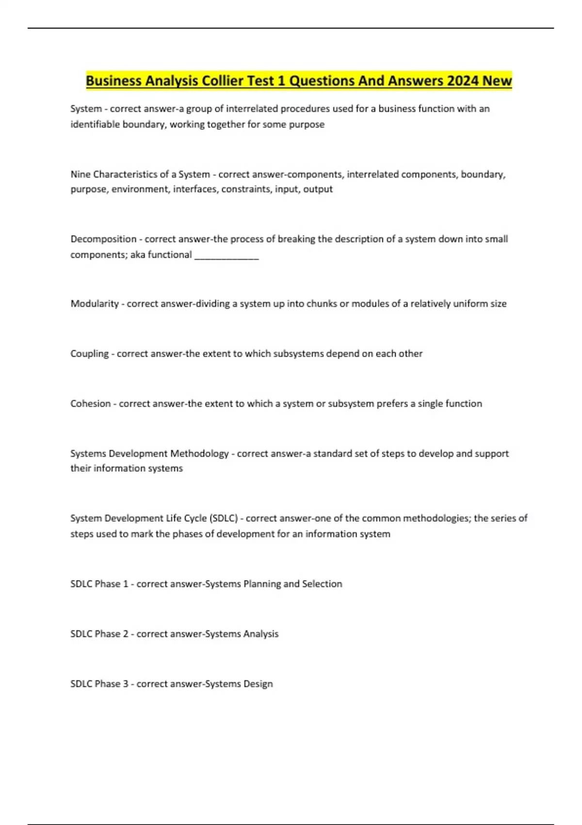 Business Analysis Collier Test 1 Questions And Answers 2024 New ...