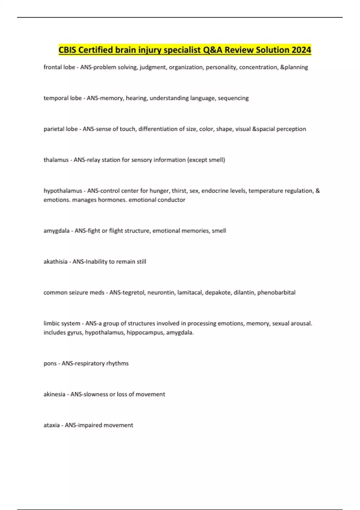 CBIS Certified brain injury specialist Q&A Review Solution 2024 - CBIS Certified brain injury ...