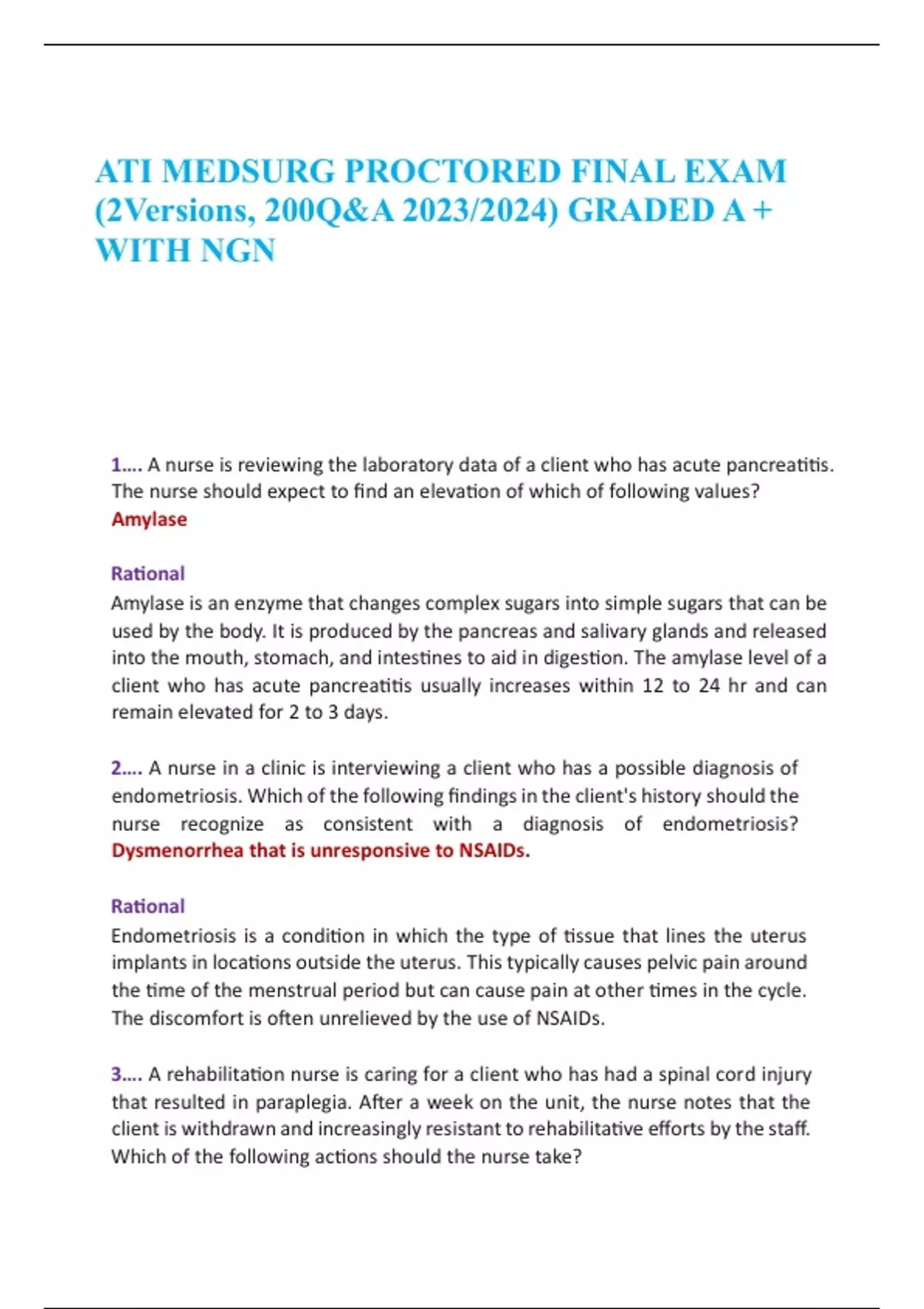 ATI MEDSURG PROCTORED FINAL EXAM (2Versions, 200Q&A 2023/2024) GRADED A ...