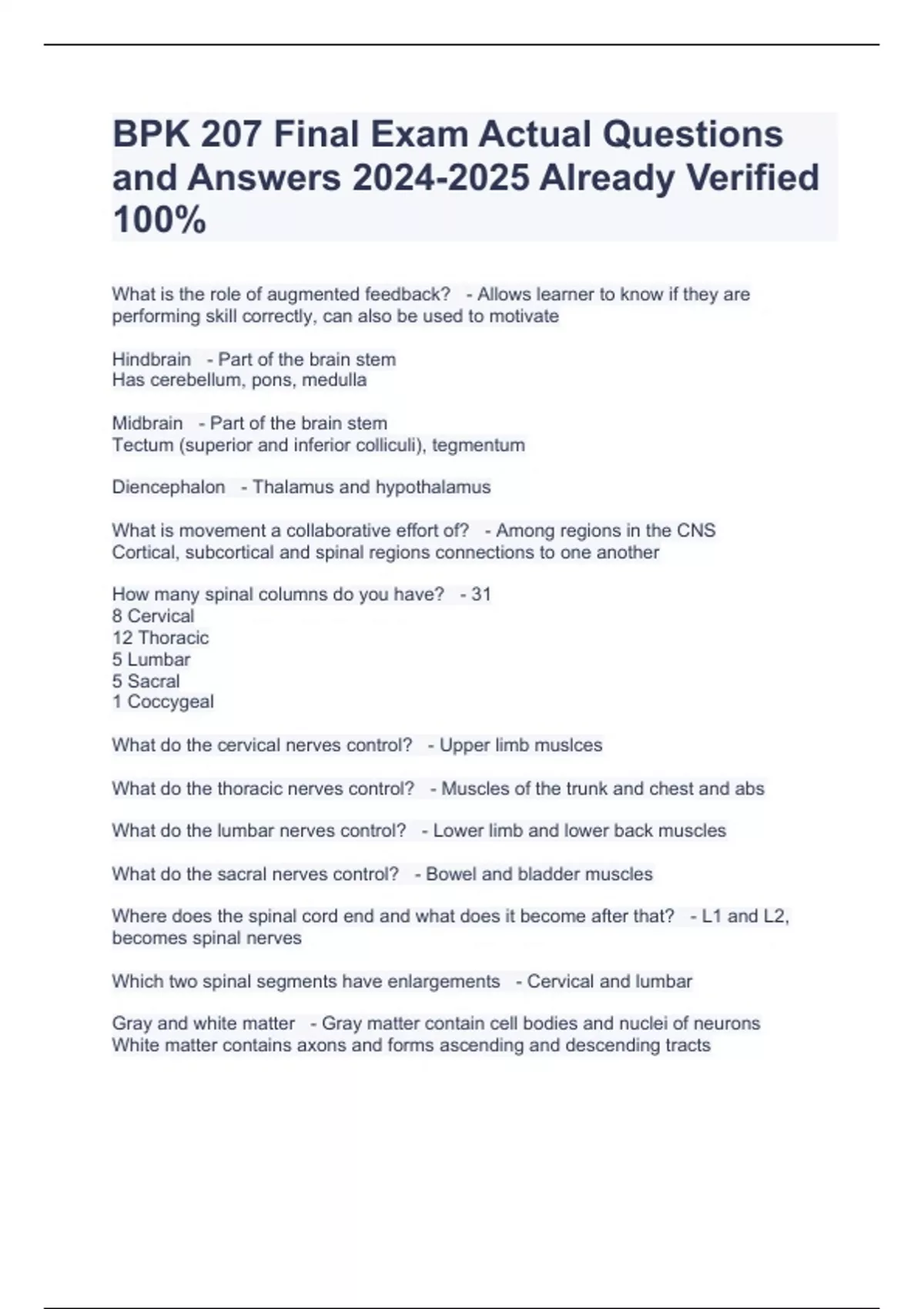 BPK 207 Final Exam Actual Questions and Answers Already Verified 100% - BPK - Stuvia US