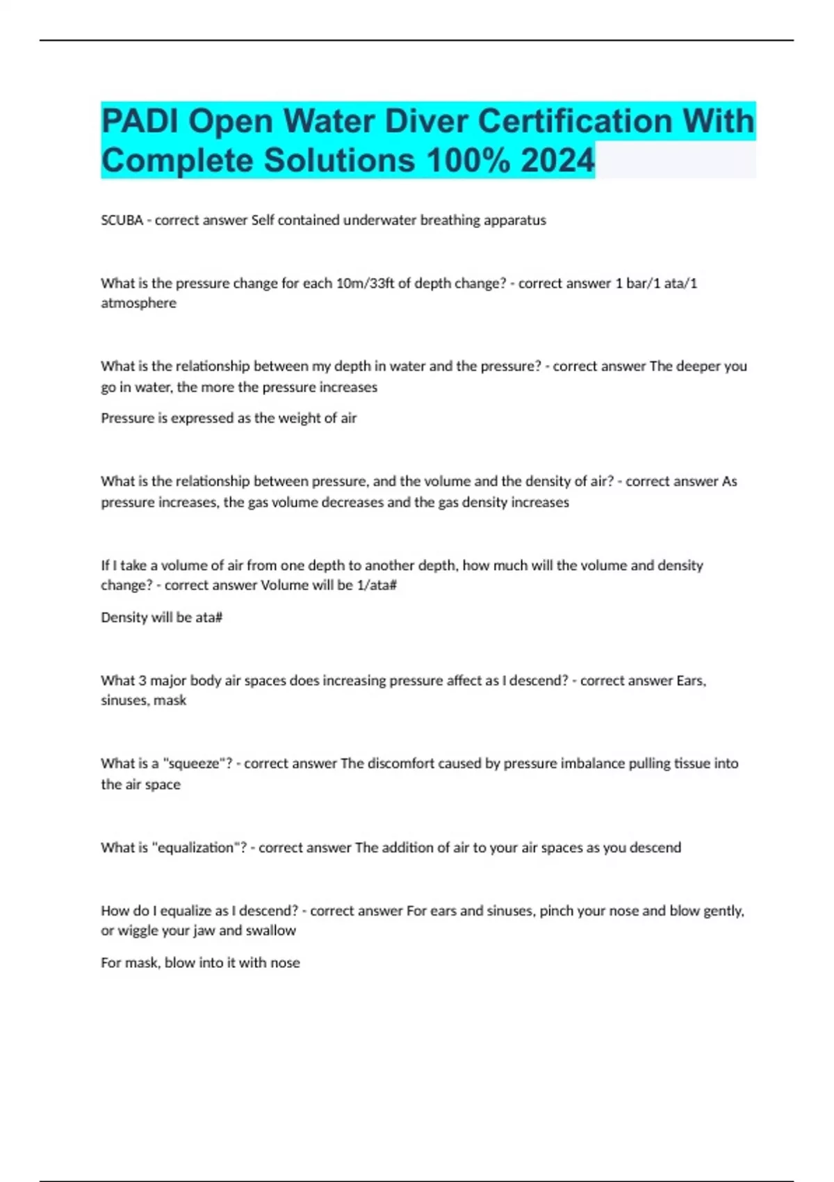 PADI Open Water Diver Certification With Complete Solutions 100% 2024 ...