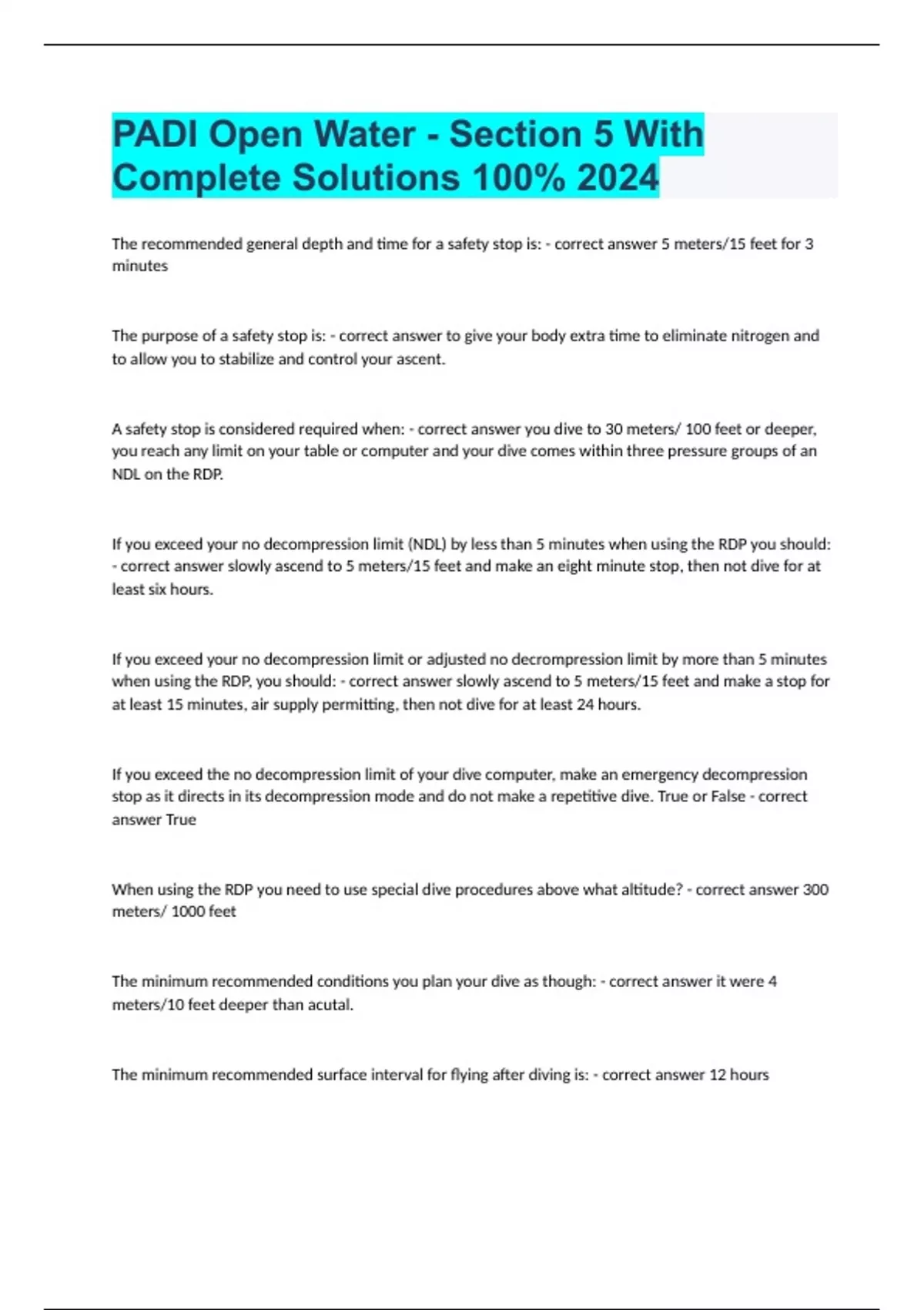 PADI Open Water - Section 5 With Complete Solutions 100% 2024 - Padi ...