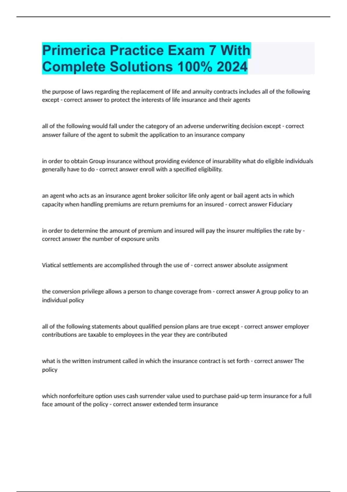 Primerica Practice Exam 7 With Complete Solutions 100% 2024 - Primerica ...