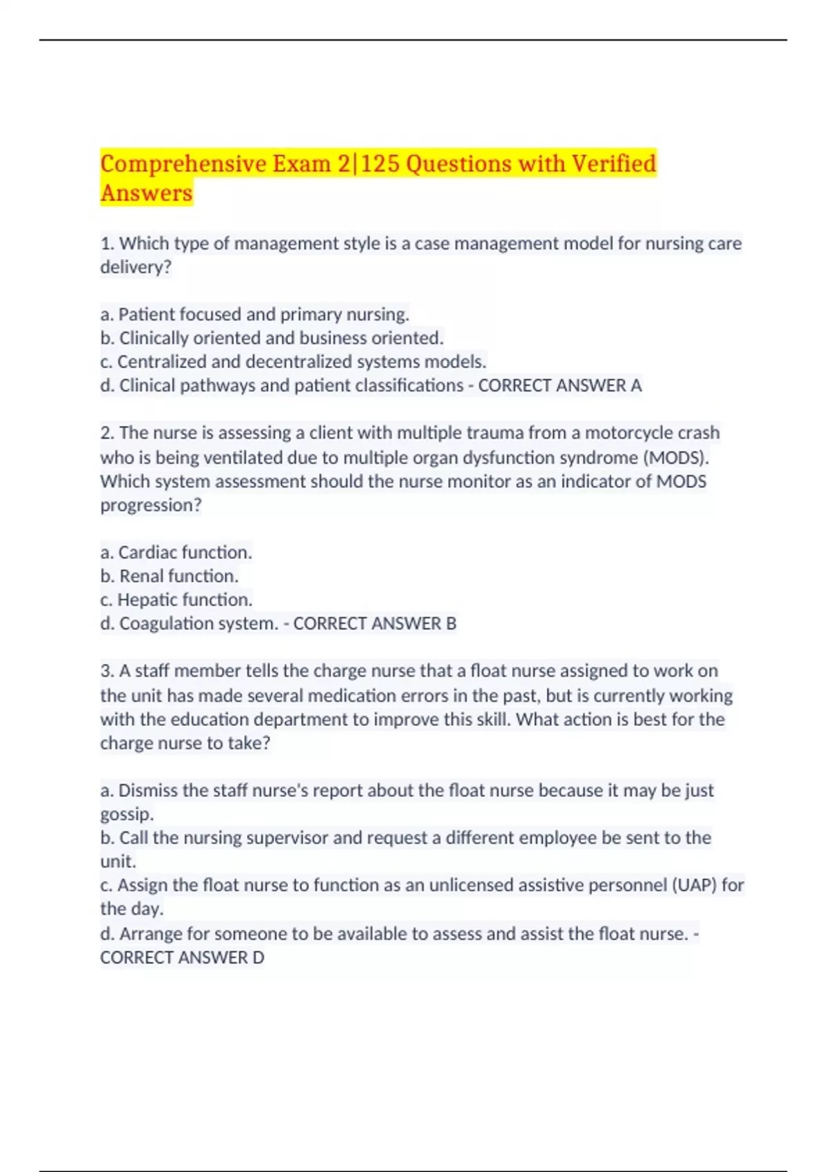 Comprehensive Exam 2|125 Questions with Verified Answers,100% CORRECT ...
