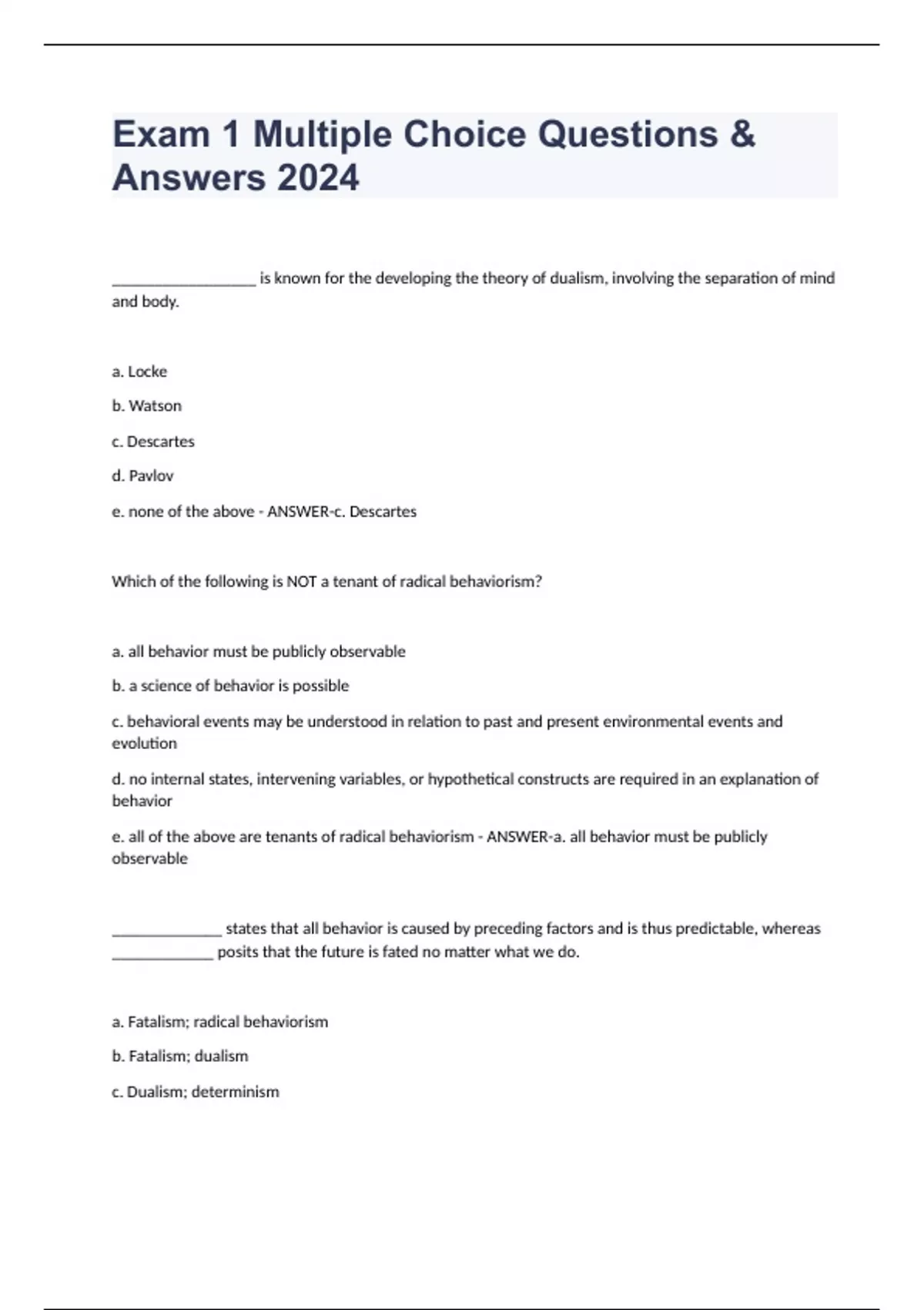 Exam 1 Multiple Choice Questions & Answers 2024 - 1 Multiple Choice ...