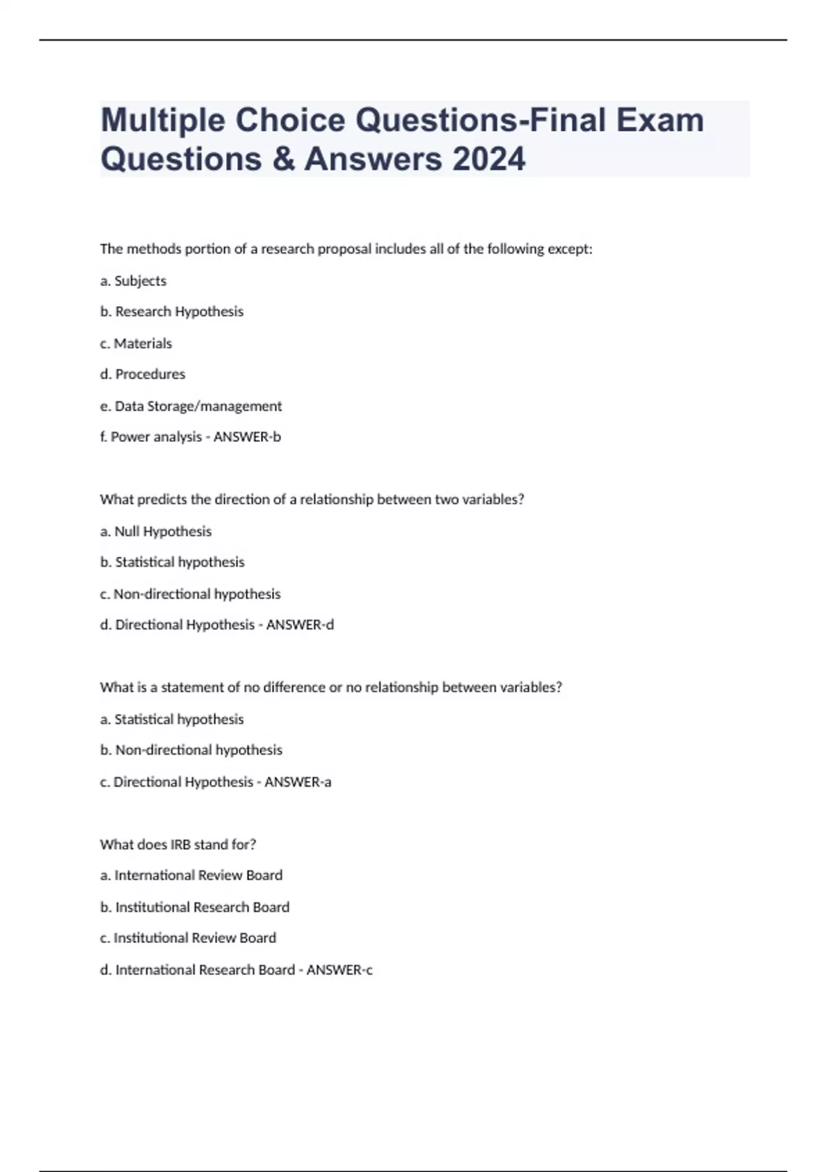 Multiple Choice Questions-Final Exam Questions & Answers 2024 ...