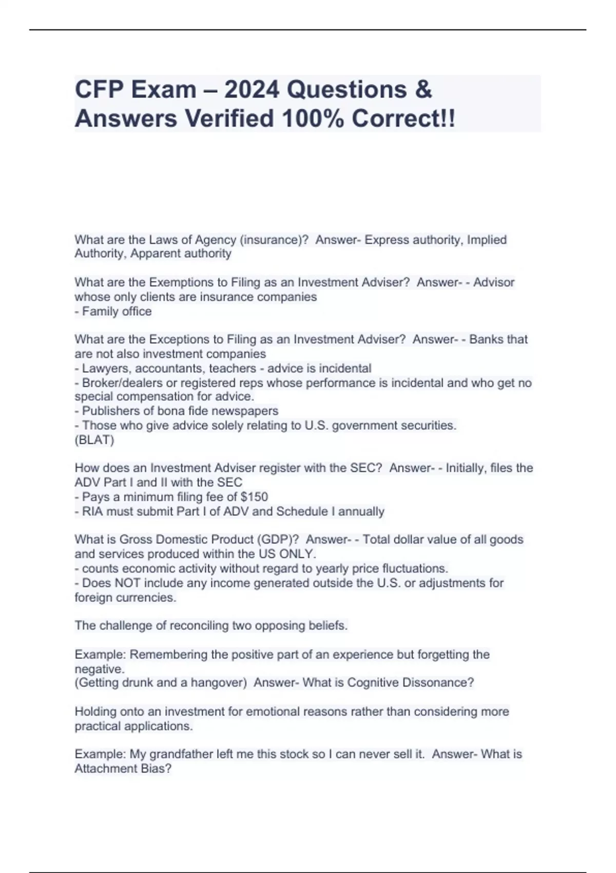 Cfp Exam 2024 Questions And Answers Verified 100 Correct Cfp Certified Financial Planner