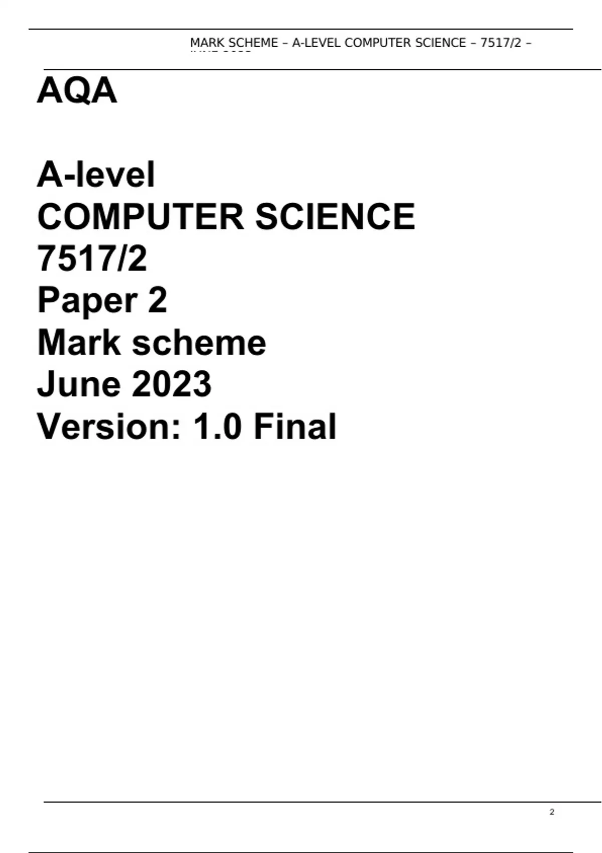 AQA A-level COMPUTER SCIENCE 7517/2 Paper 2 Mark scheme June 2023 - AQA ...