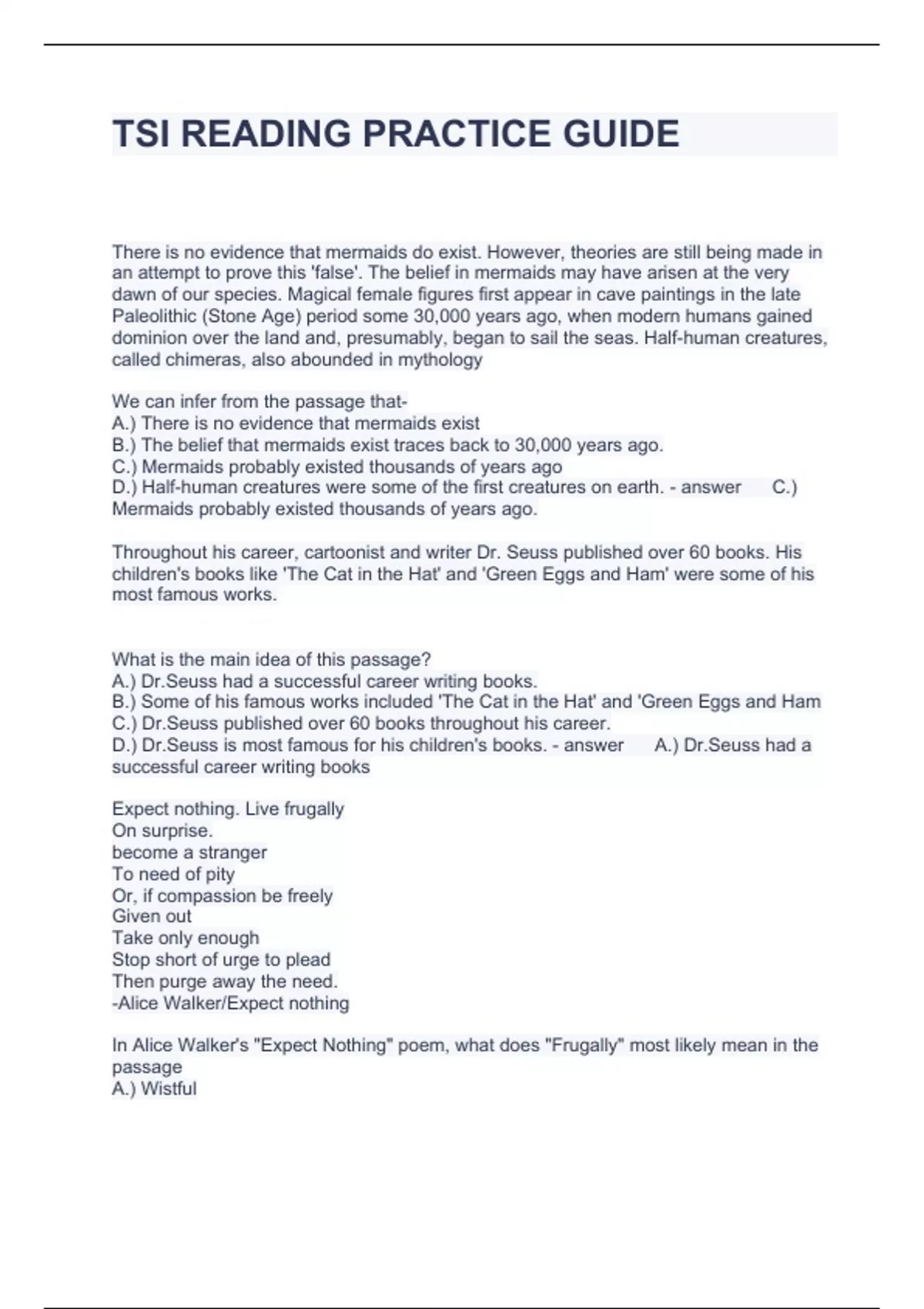 TSI READING PRACTICE GUIDE QUESTIONS WITH SOLUTIONS 2024 - TSI - Stuvia US