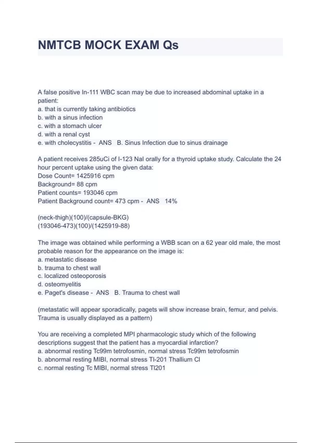 NMTCB MOCK EXAM QUESTIONS WITH CORRECT SOLUTIONS - NMTCB - Stuvia US