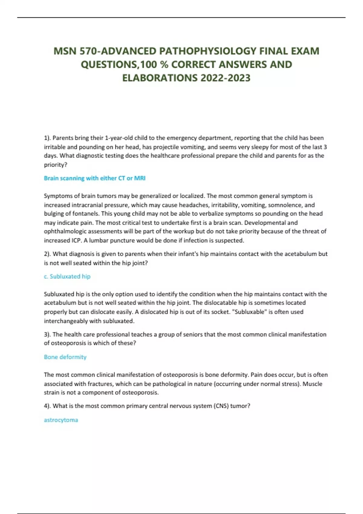 MSN 570-ADVANCED PATHOPHYSIOLOGY FINAL EXAM QUESTIONS,100 % CORRECT ...