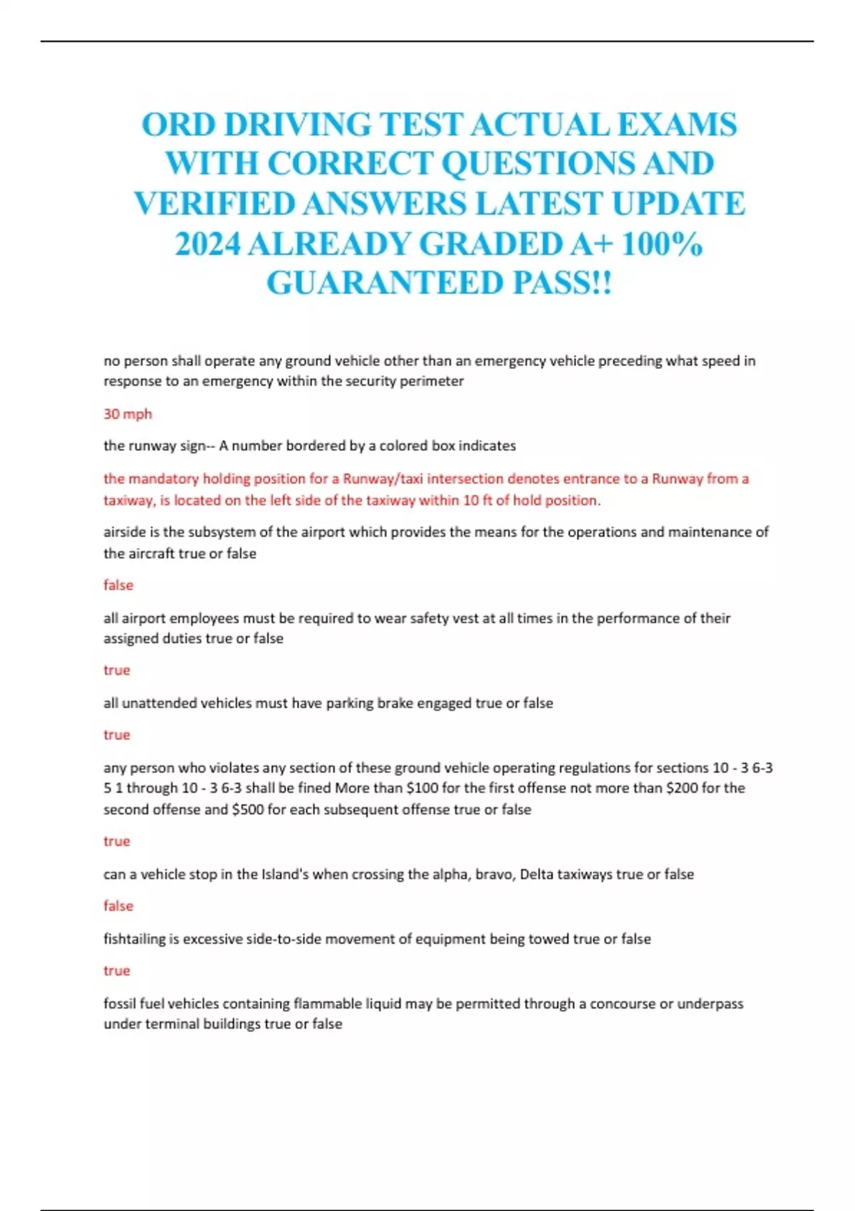 ORD DRIVING TESTACTUAL EXAMS WITH CORRECT QUESTIONS AND VERIFIED ...