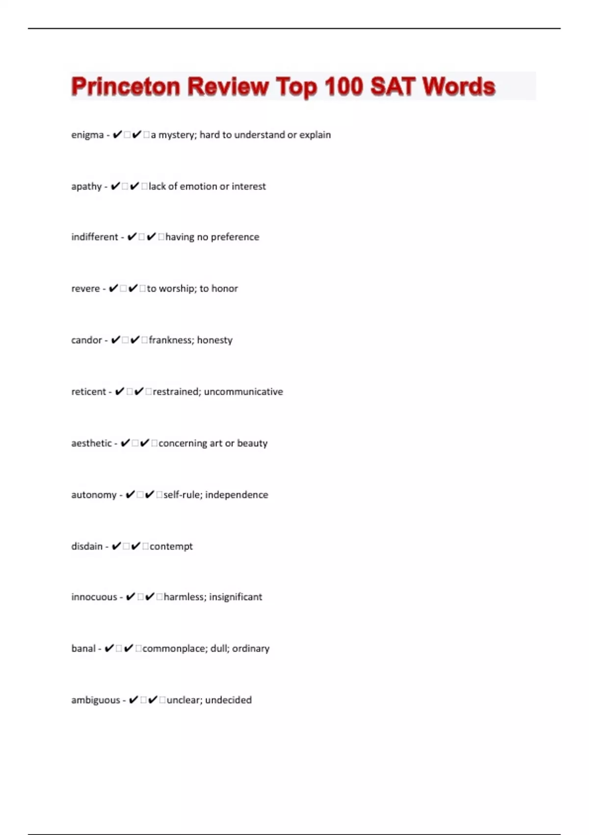 Princeton Review Top 100 SAT Words 102 Questions with 100% Correct ...