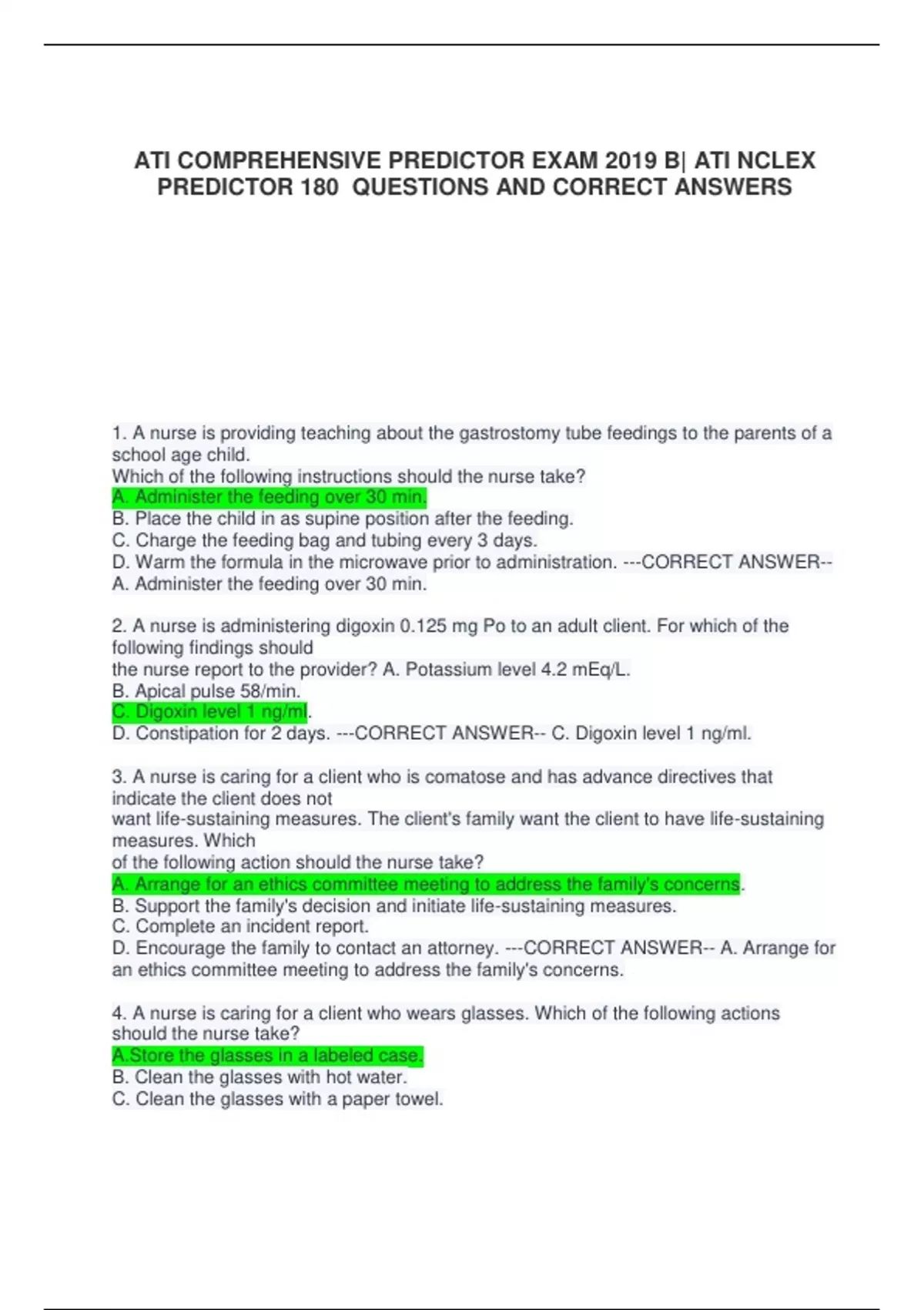 ATI COMPREHENSIVE PREDICTOR EXAM 2019 B| ATI NCLEX PREDICTOR 180 ...