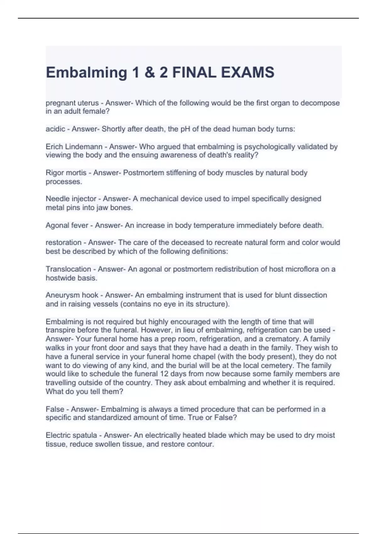 Embalming 1 & 2 FINAL EXAMS Questions and Answers - AAMI Principles of ...