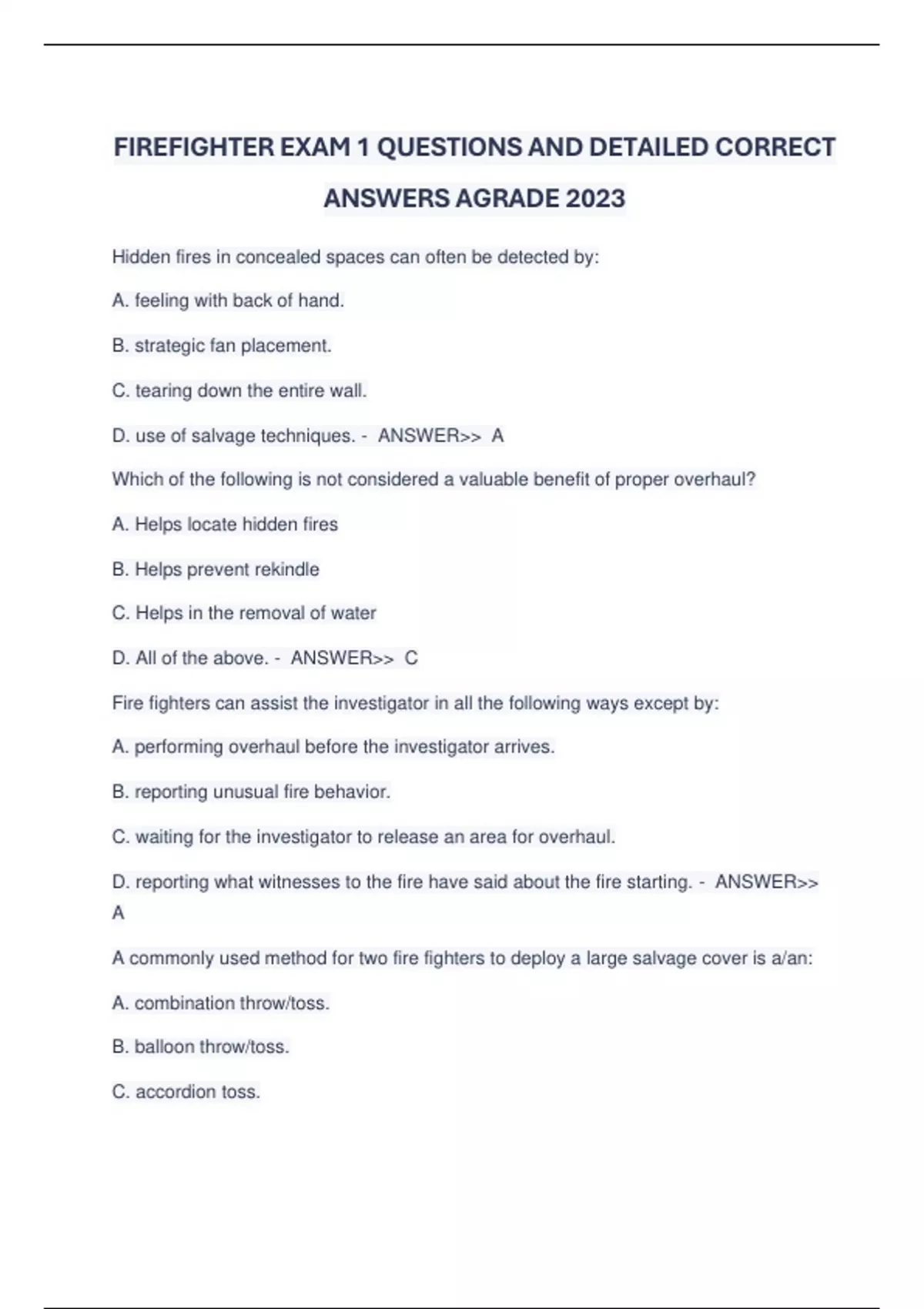 FIREFIGHTER EXAM 1, 2 QUESTIONS AND DETAILED CORRECT ANSWERS AGRADE ...