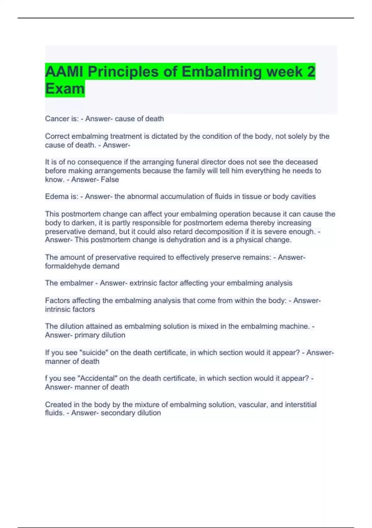 AAMI Principles of Embalming week 2 Exam with complete solutions - AAMI ...