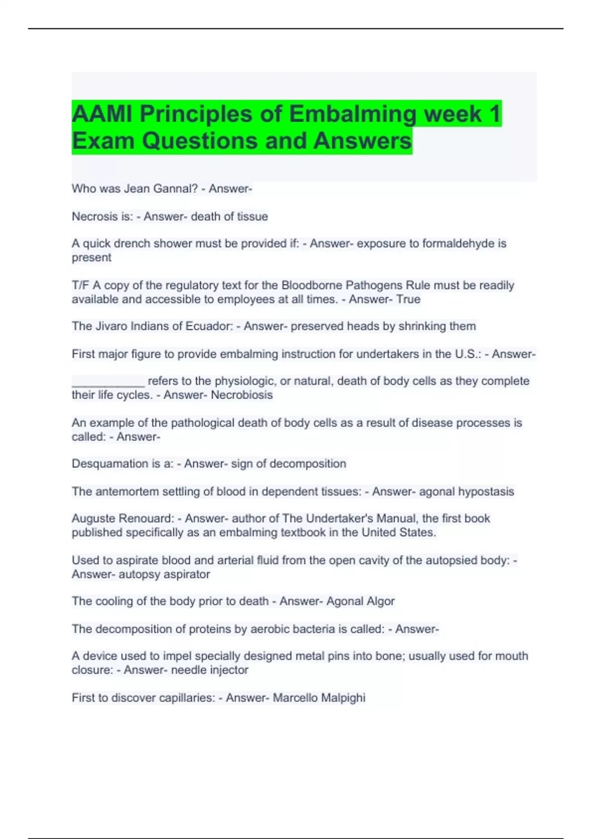 AAMI Principles of Embalming week 1 Exam Questions and Answers - AAMI ...