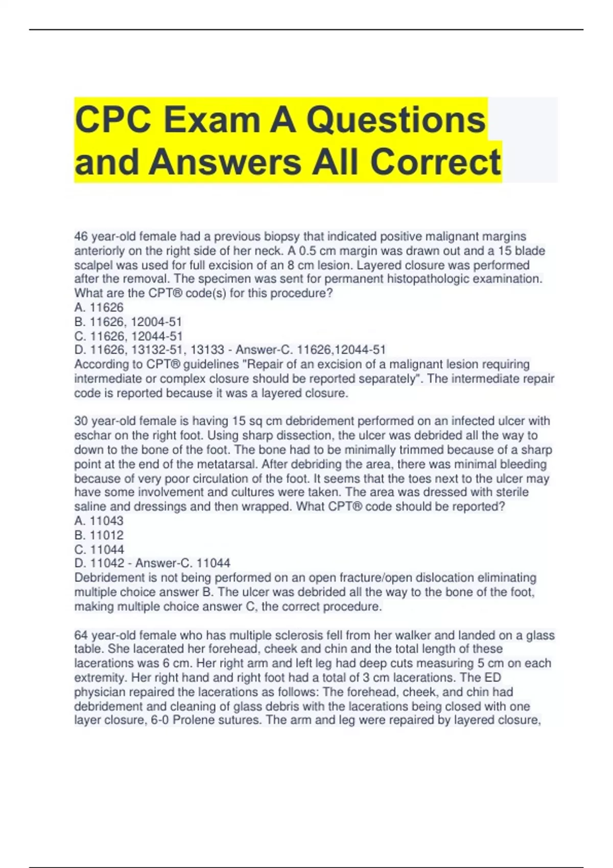 CPC Exam A Questions and Answers All Correct - CPC - Stuvia US