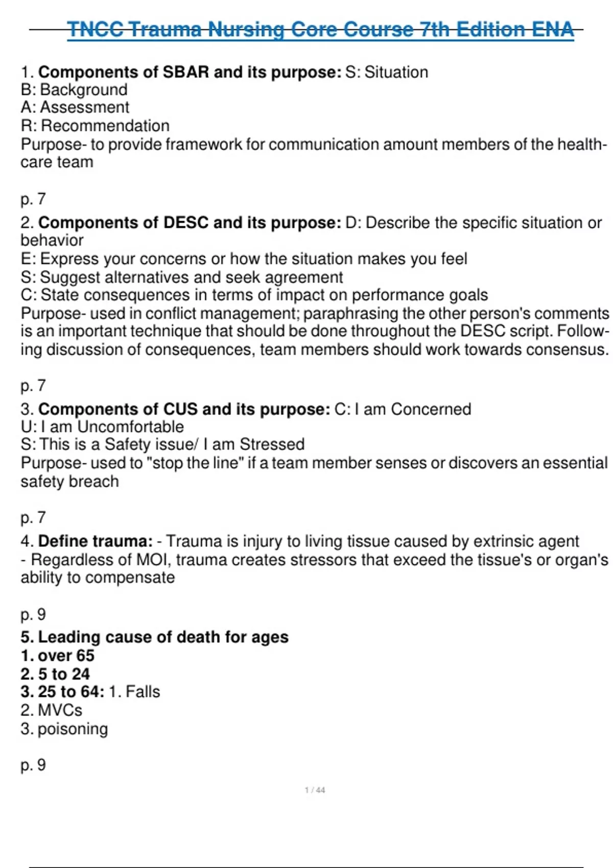 TNCC Trauma Nursing Core Course 7th Edition ENA. - TNCC - Stuvia US