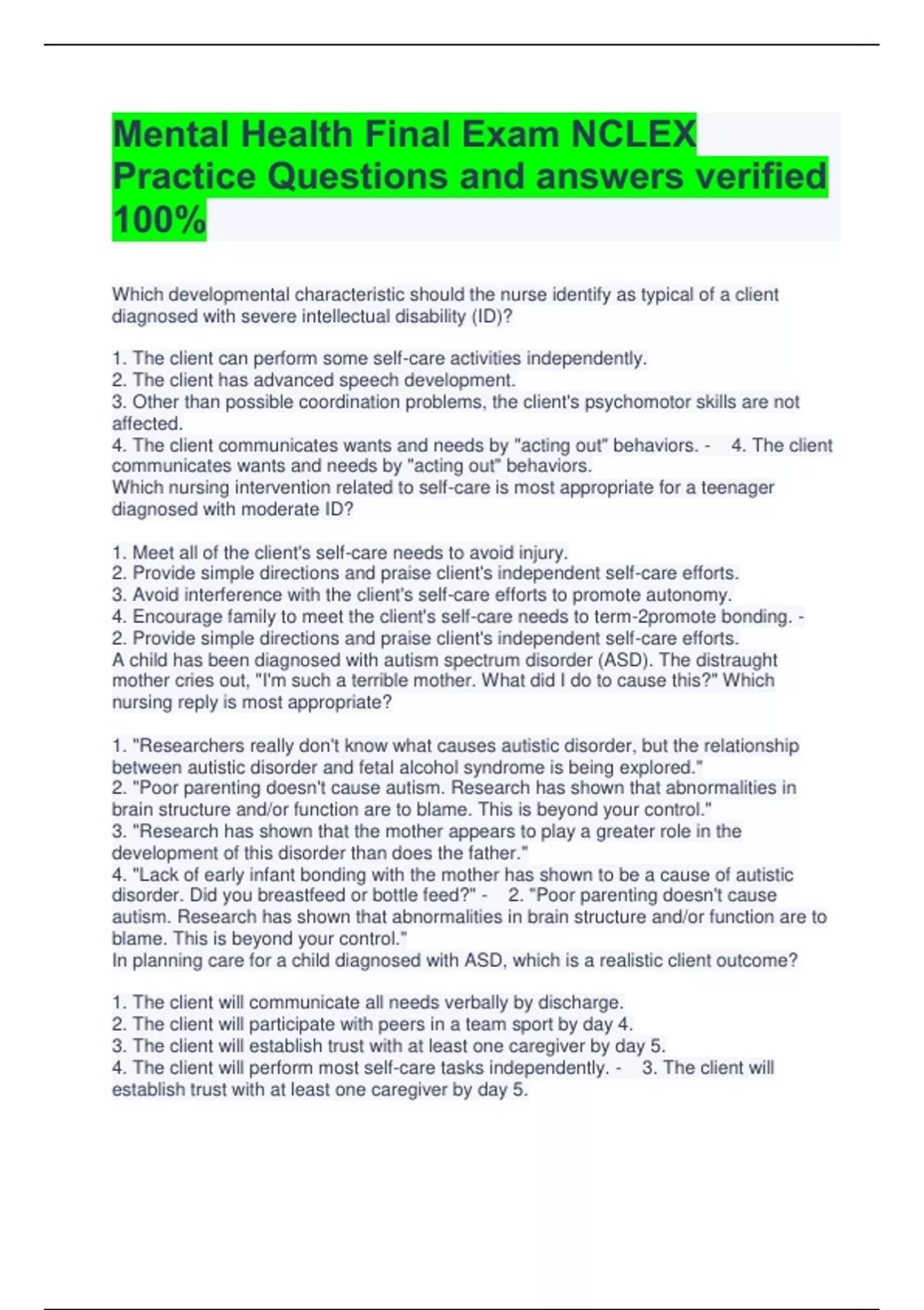 Mental Health Final Exam NCLEX Practice Questions and answers verified ...