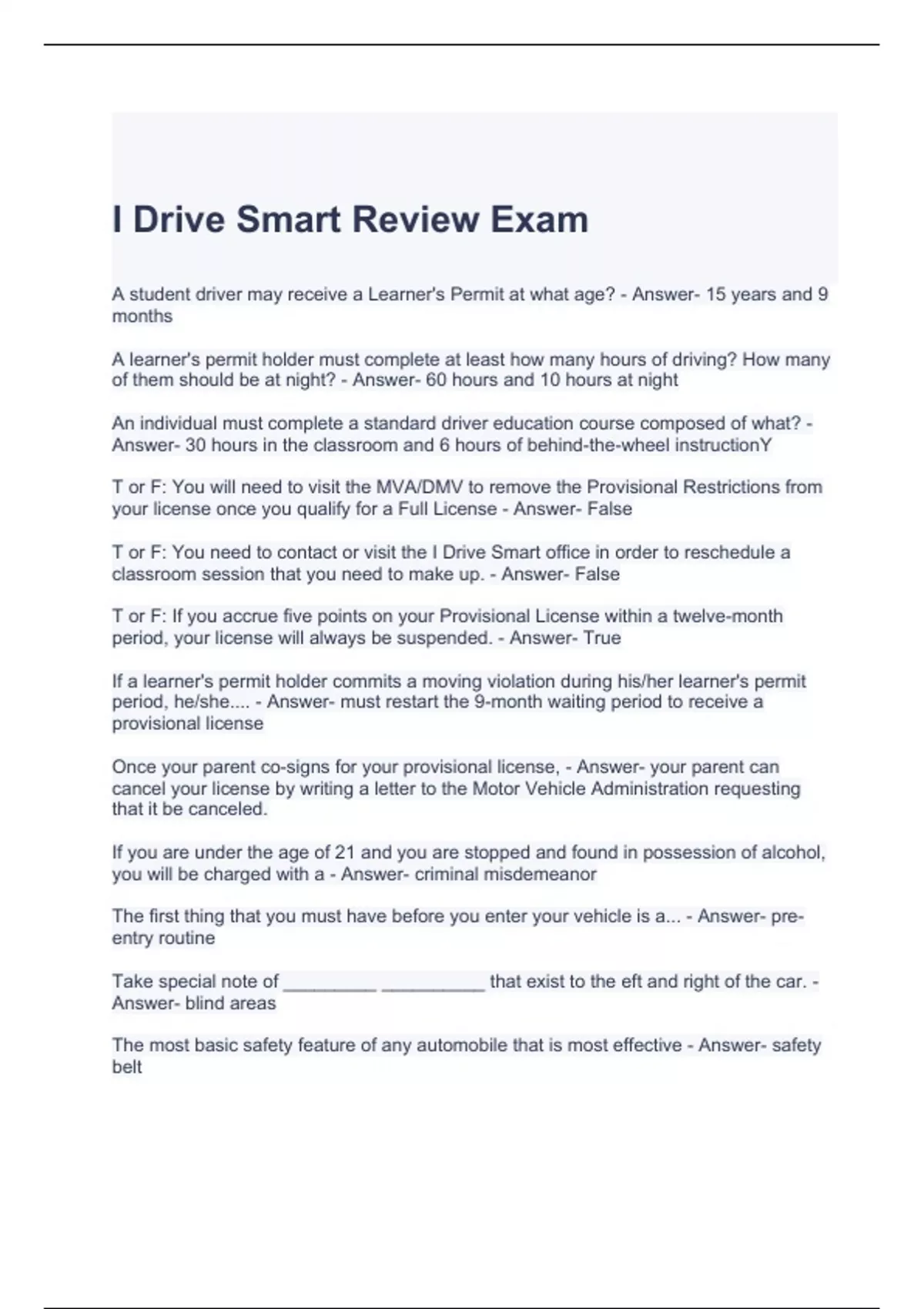 I Drive Smart Review Exam Questions and Answers - Drive Smart - Stuvia US