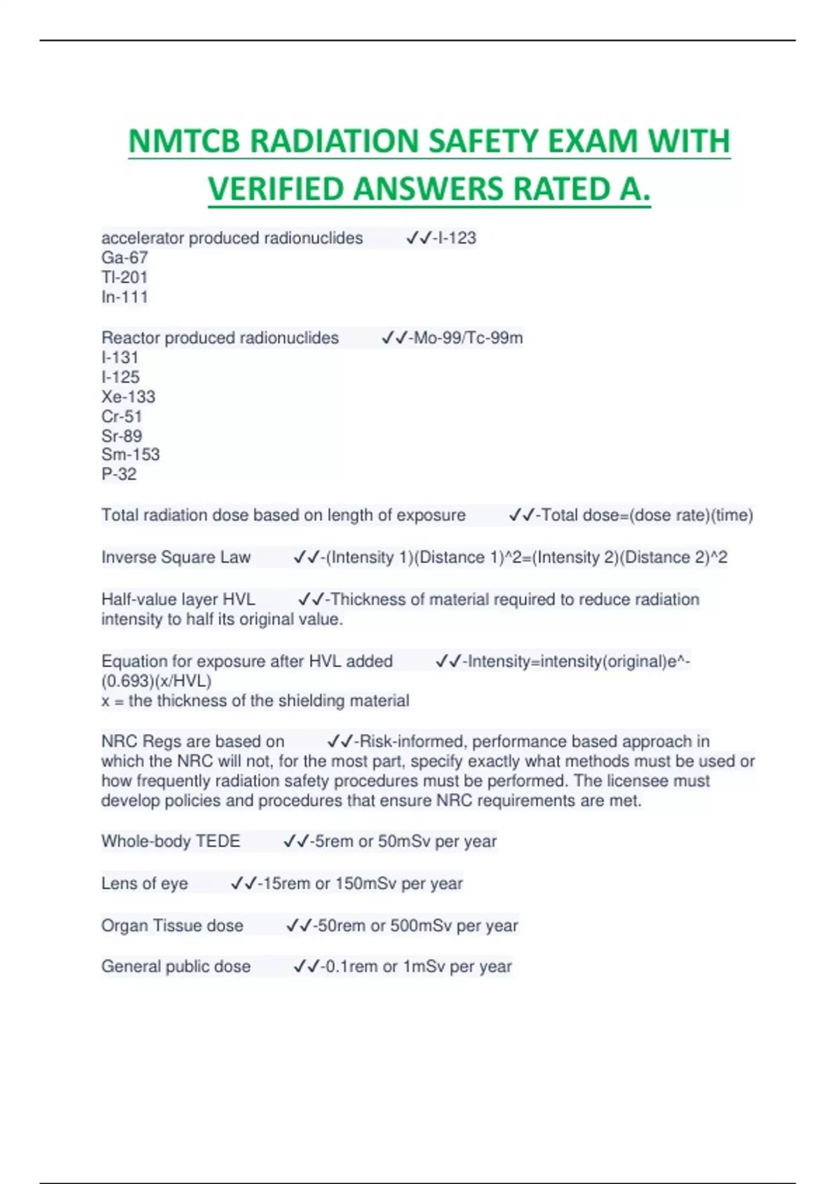 NMTCB RADIATION SAFETY EXAM WITH VERIFIED ANSWERS RATED A - NMTCB ...