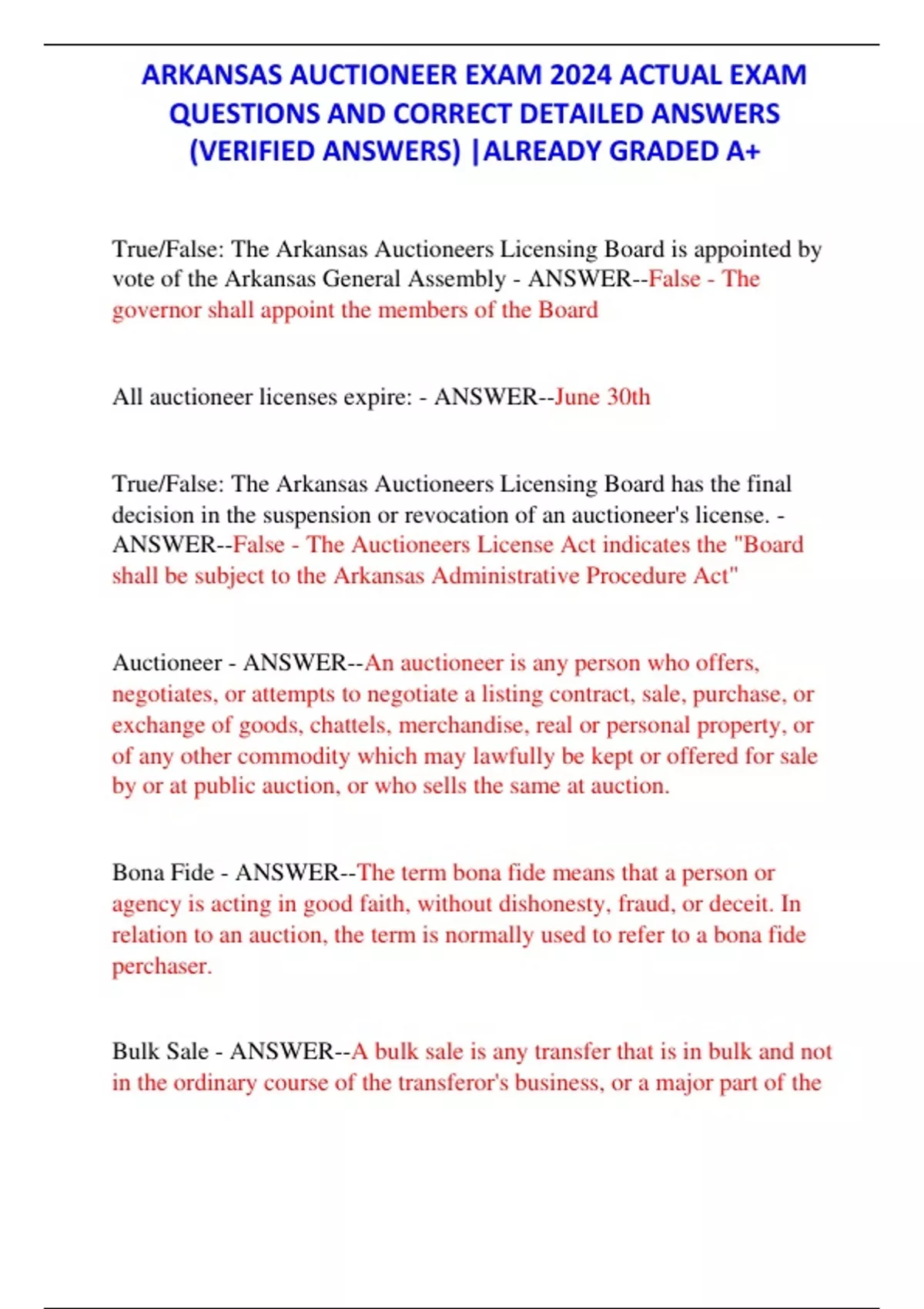 ARKANSAS AUCTIONEER EXAM 2024 ACTUAL EXAM QUESTIONS AND CORRECT ...