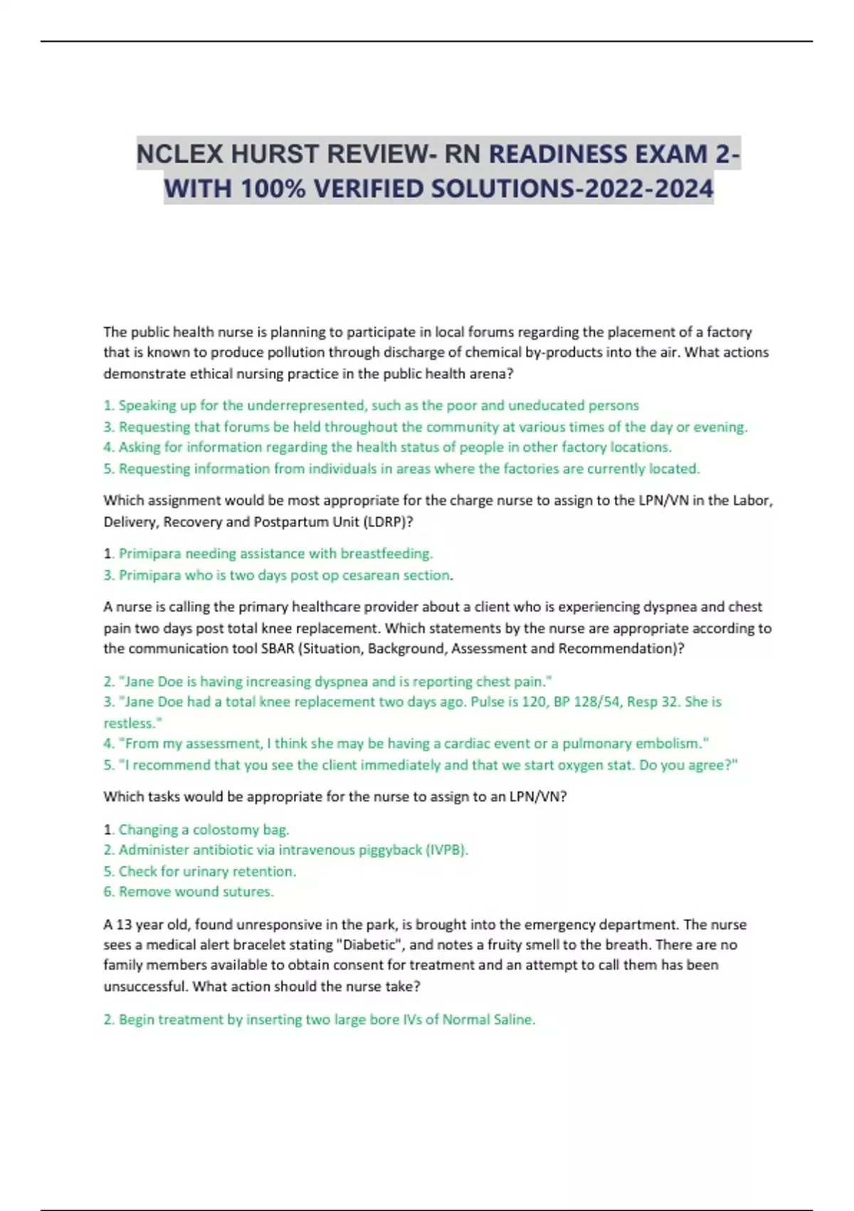 NCLEX HURST REVIEW- RN READINESS EXAM 2- WITH 100% VERIFIED SOLUTIONS ...