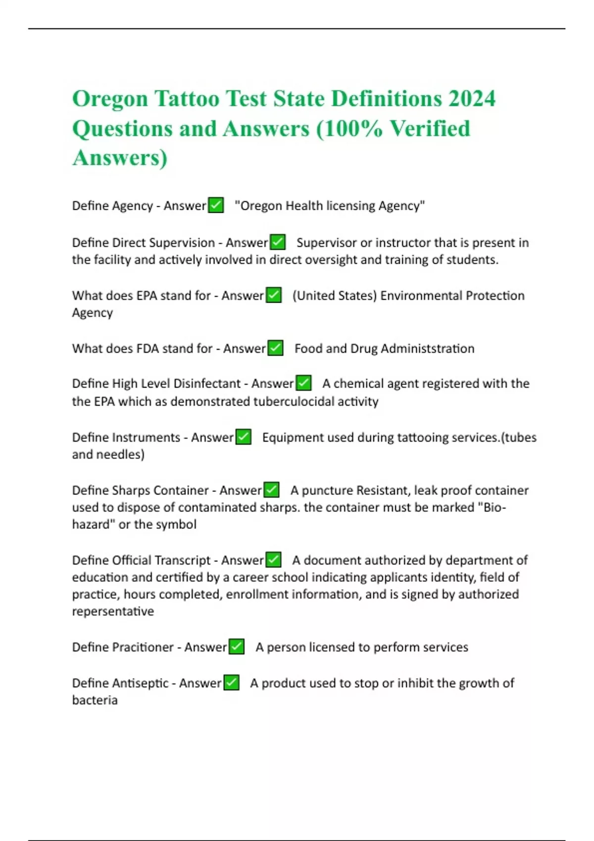 Oregon Tattoo Test State Definitions 2024 Questions and Answers (100% ...