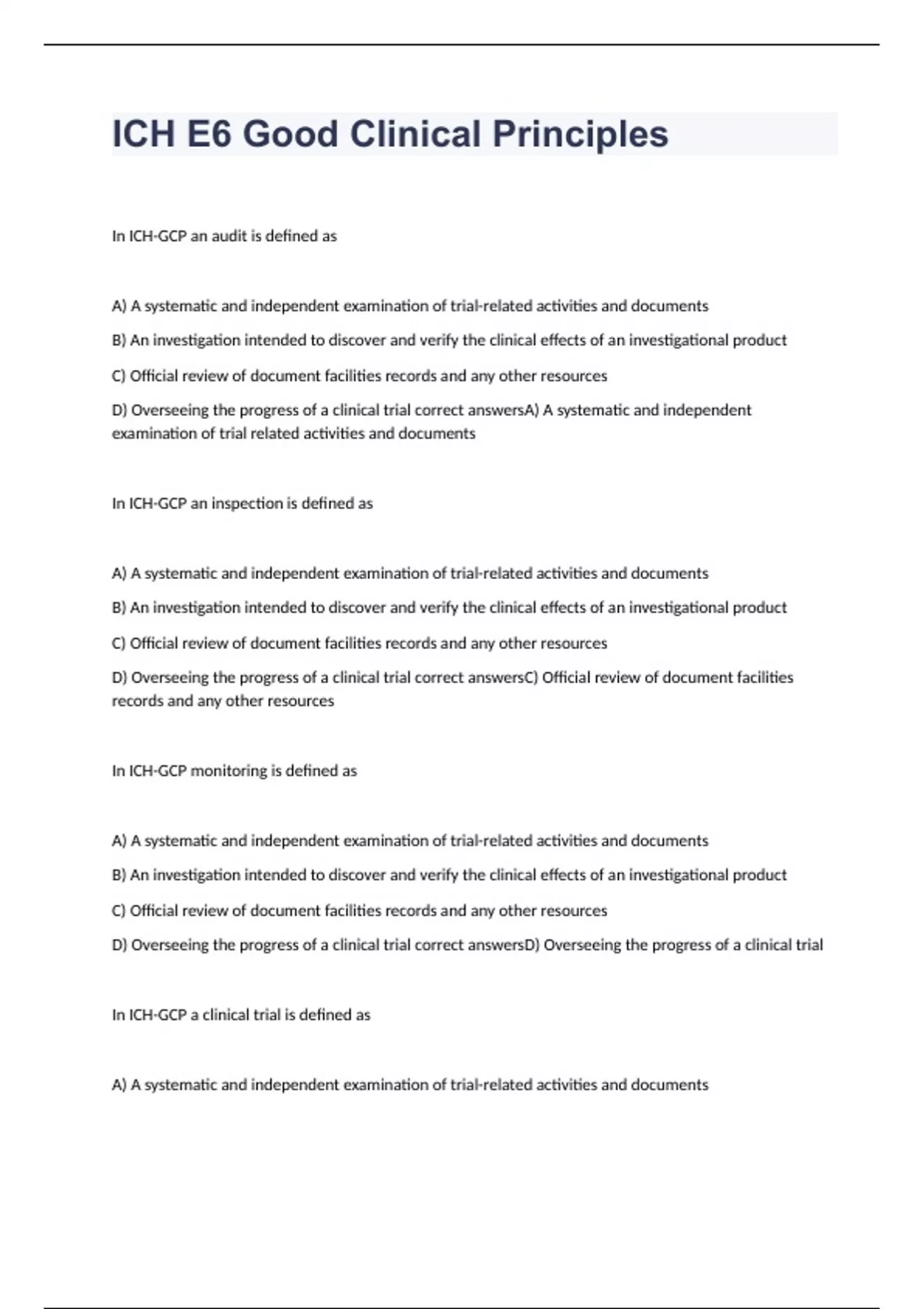 ICH E6 Good Clinical Principles exam 2024 with 100% correct answers ...