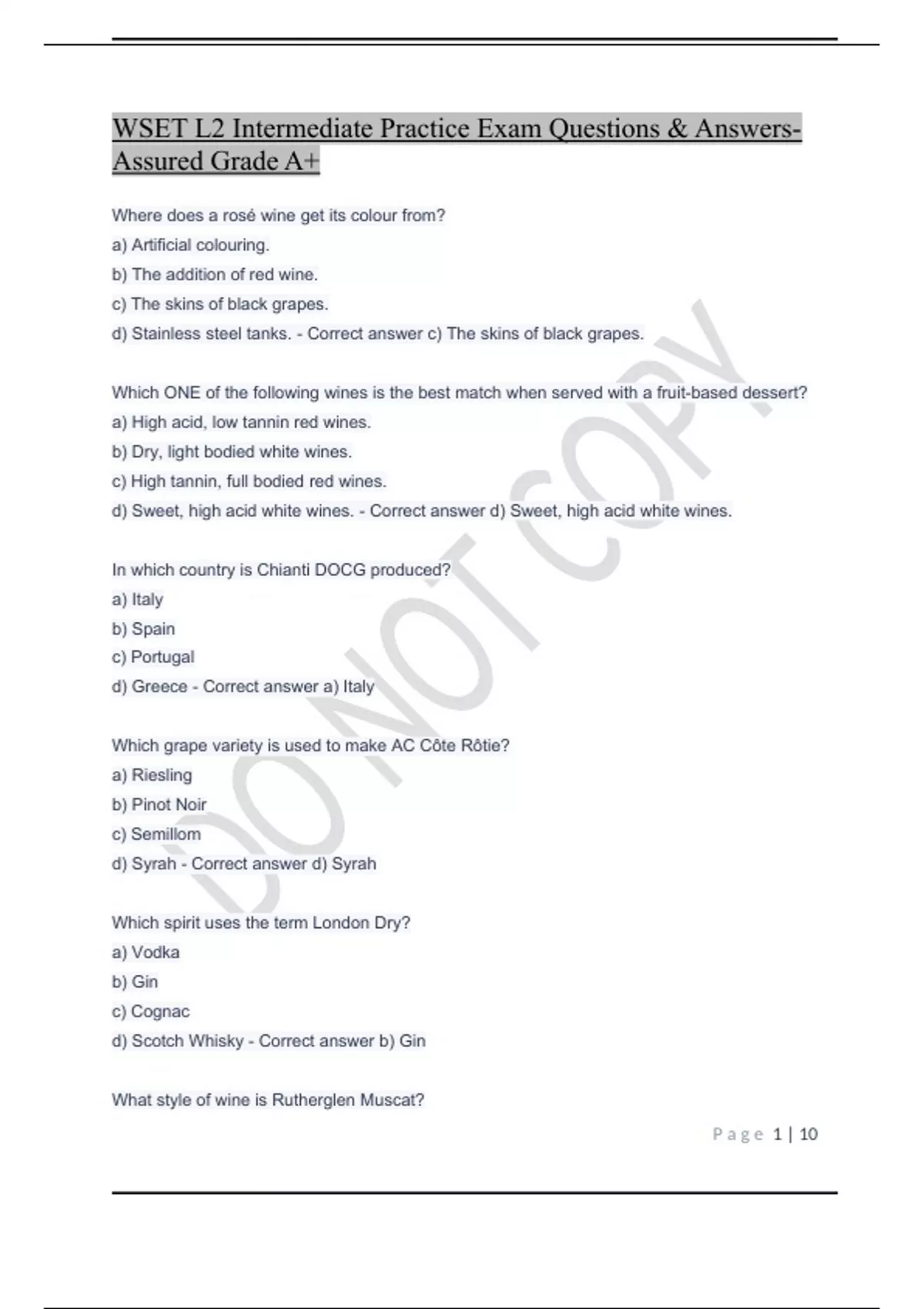 WSET L2 Intermediate Practice Exam Questions & Answers-Assured Grade A+. - WSET - Stuvia US