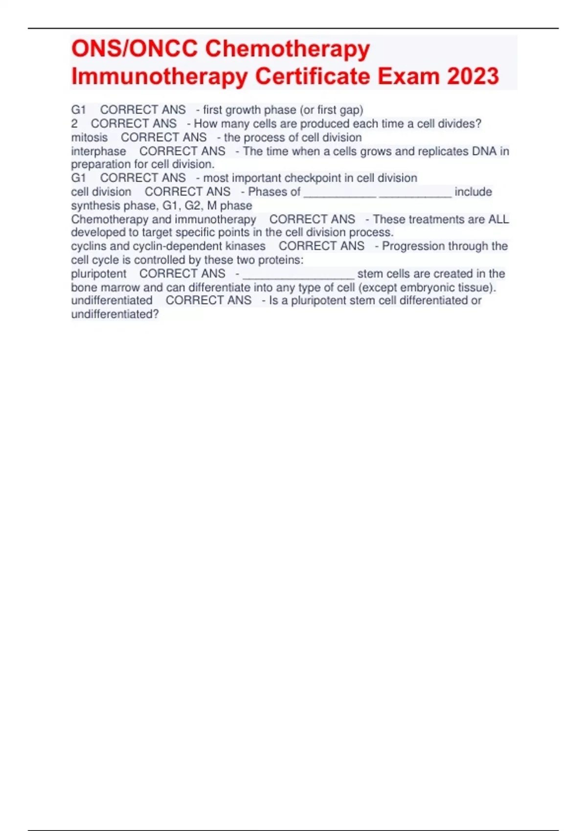 ONS/ONCC Chemotherapy Immunotherapy Certificate Exam 2023 - ONCC - Stuvia US