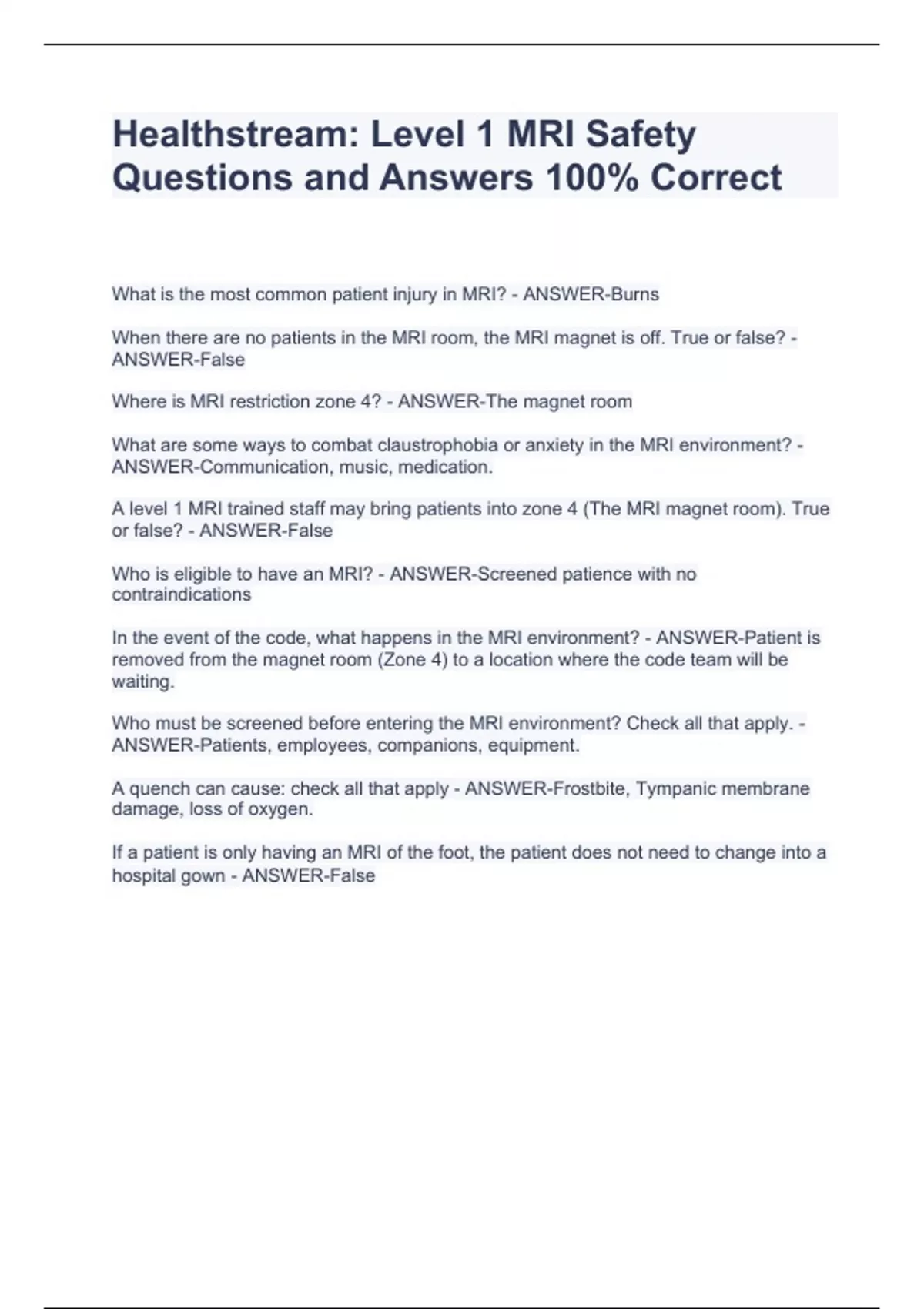 Healthstream: Level 1 MRI Safety Questions and Answers 100% Correct - Healthstream - Stuvia US