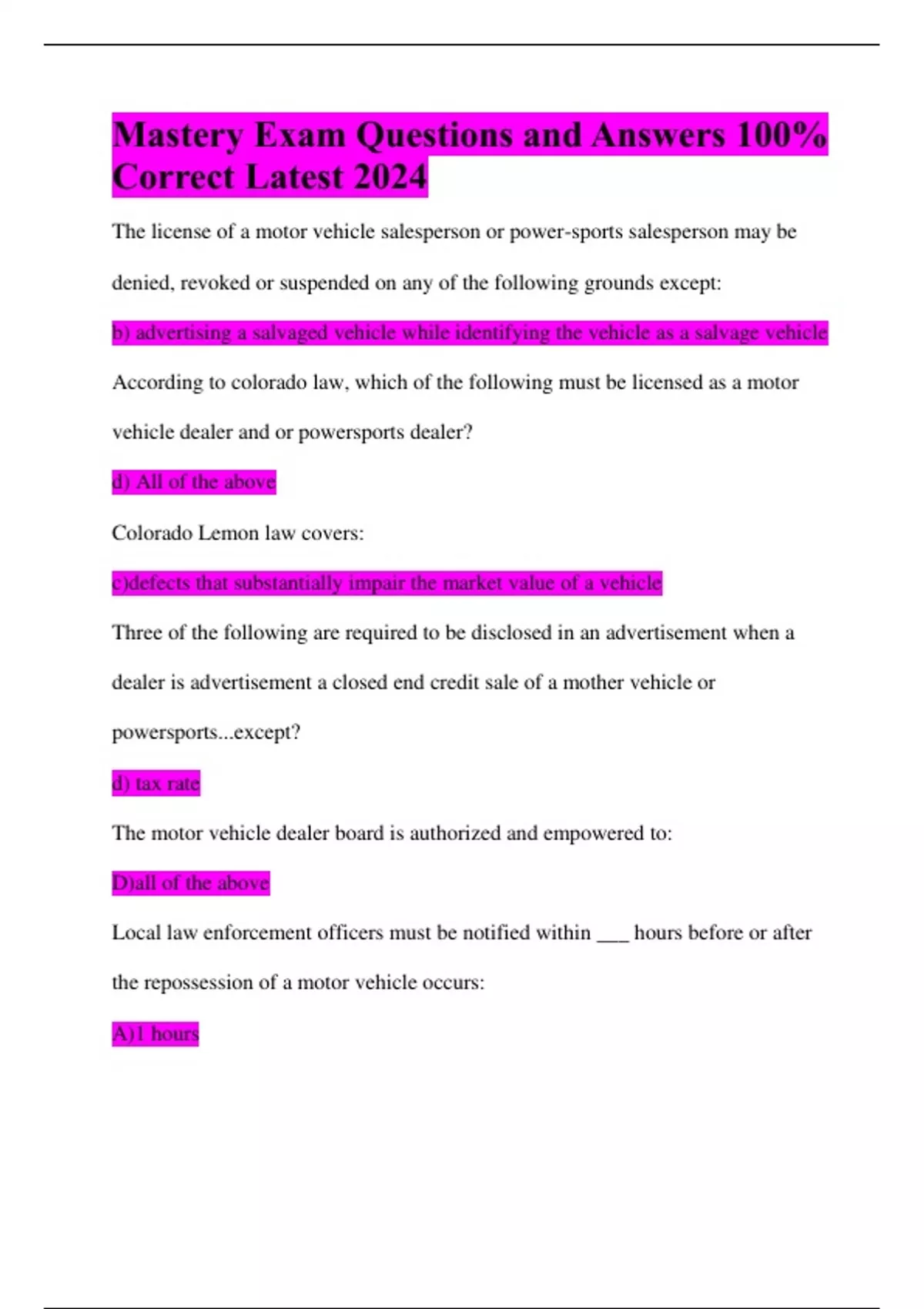 Mastery Exam Complete Questions and Answers 100% Correct Latest 2024 ...