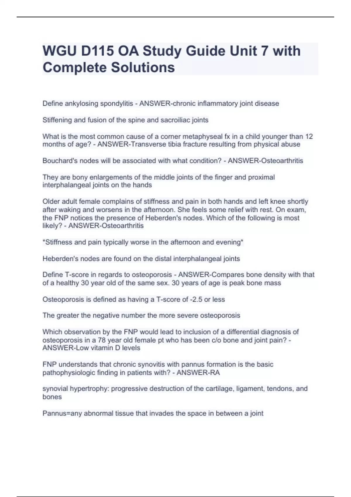 WGU D115 OA Study Guide Unit 7 with Complete Solutions - WGU D115 - Stuvia US