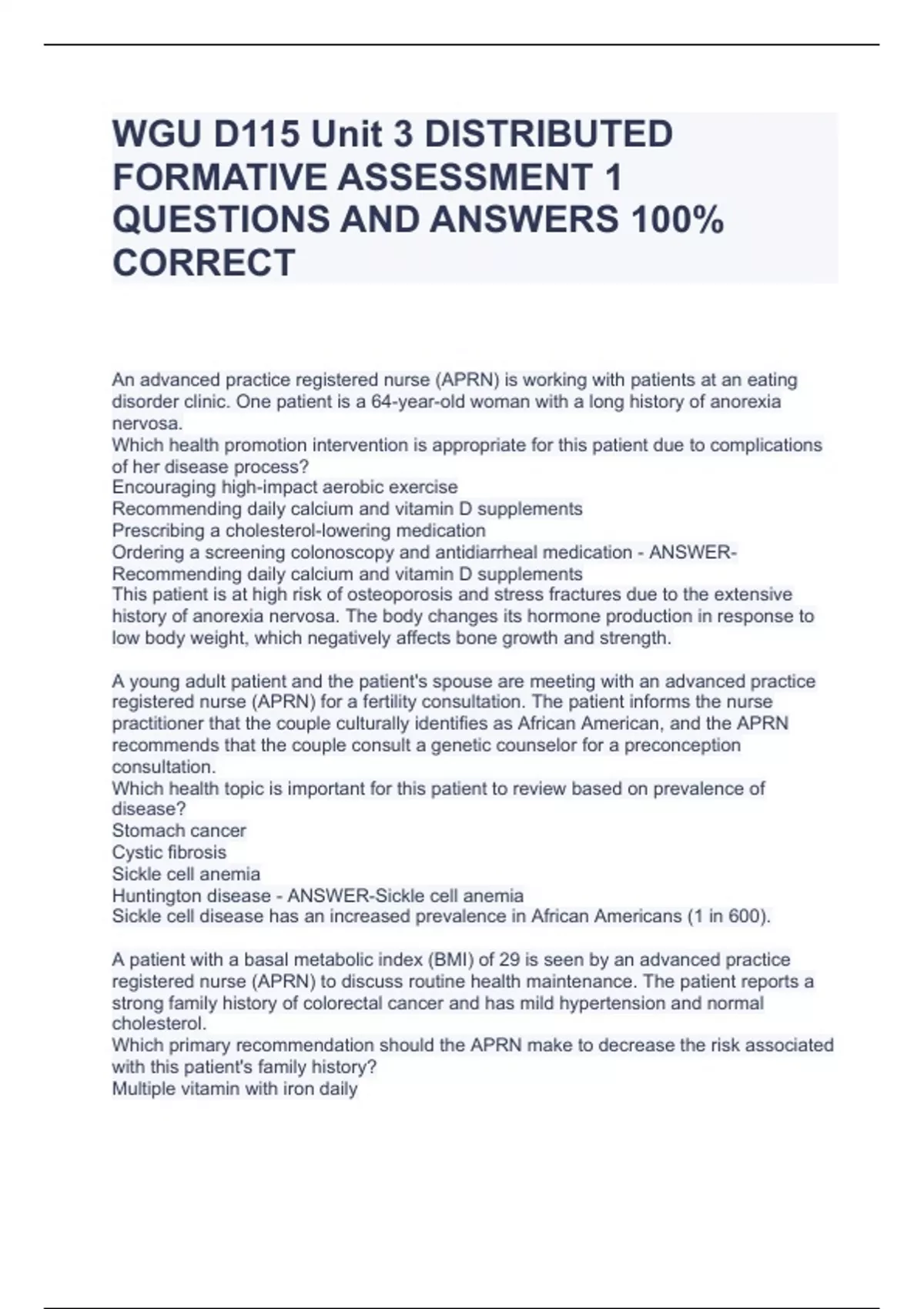 WGU D115 Unit 3 DISTRIBUTED FORMATIVE ASSESSMENT 1 QUESTIONS AND ANSWERS 100% CORRECT - WGU D115 ...
