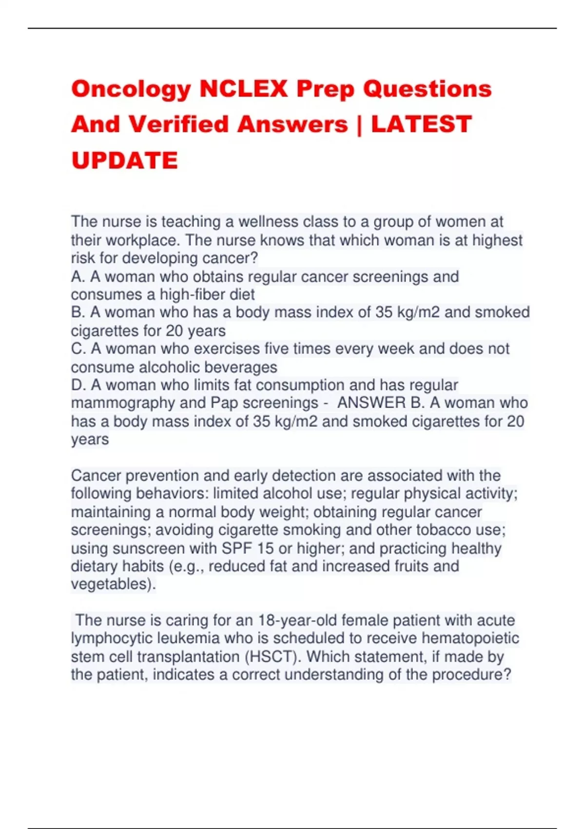 Oncology NCLEX Prep Questions And Verified Answers | LATEST UPDATE ...