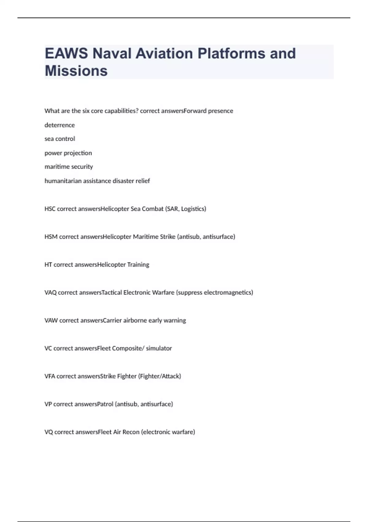 EAWS Naval Aviation Platforms and Missions exam 2024 with correct answers - EAWS Naval Aviation ...
