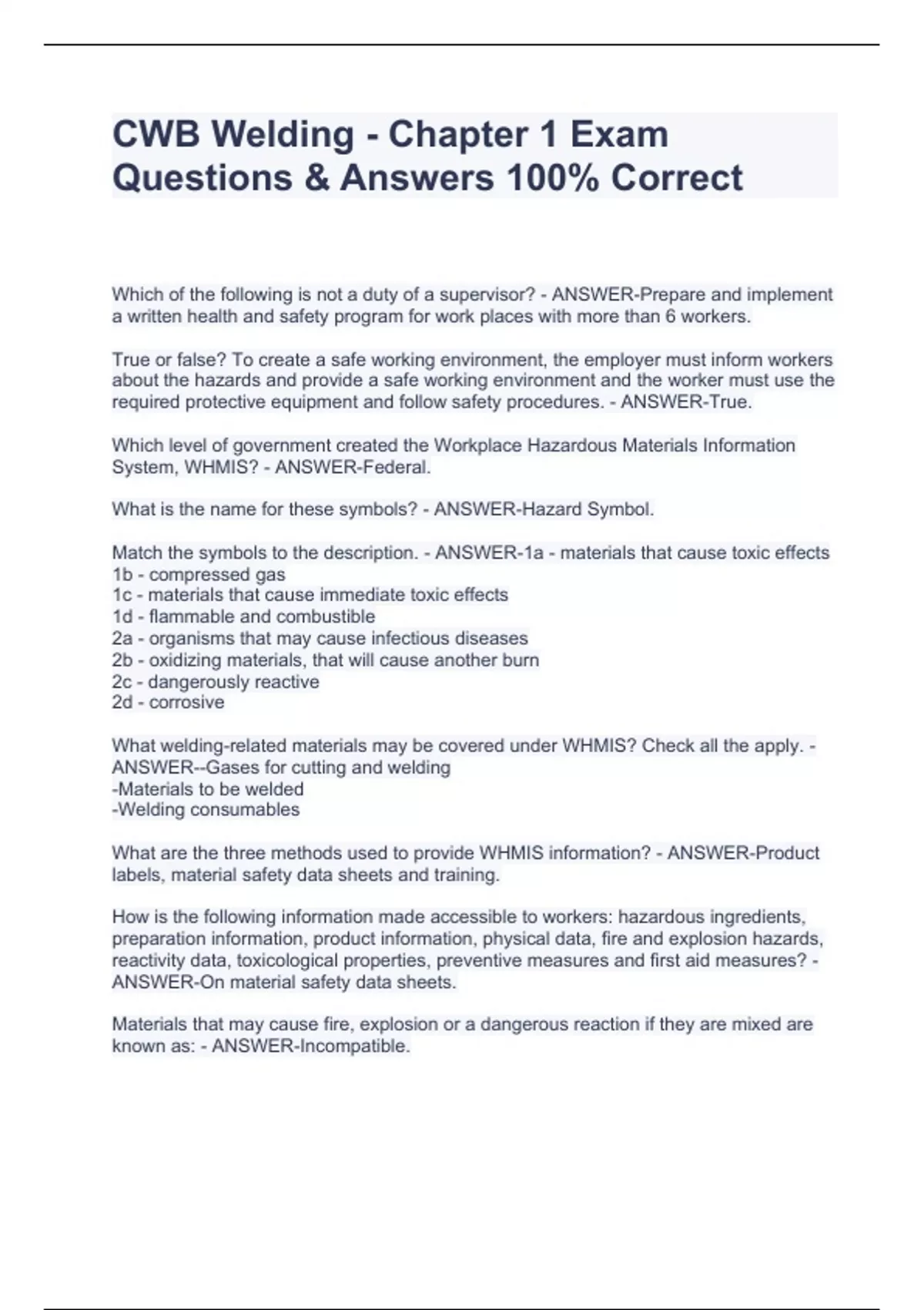 CWB Welding - Chapter 1 Exam Questions & Answers 100% Correct - CWB ...