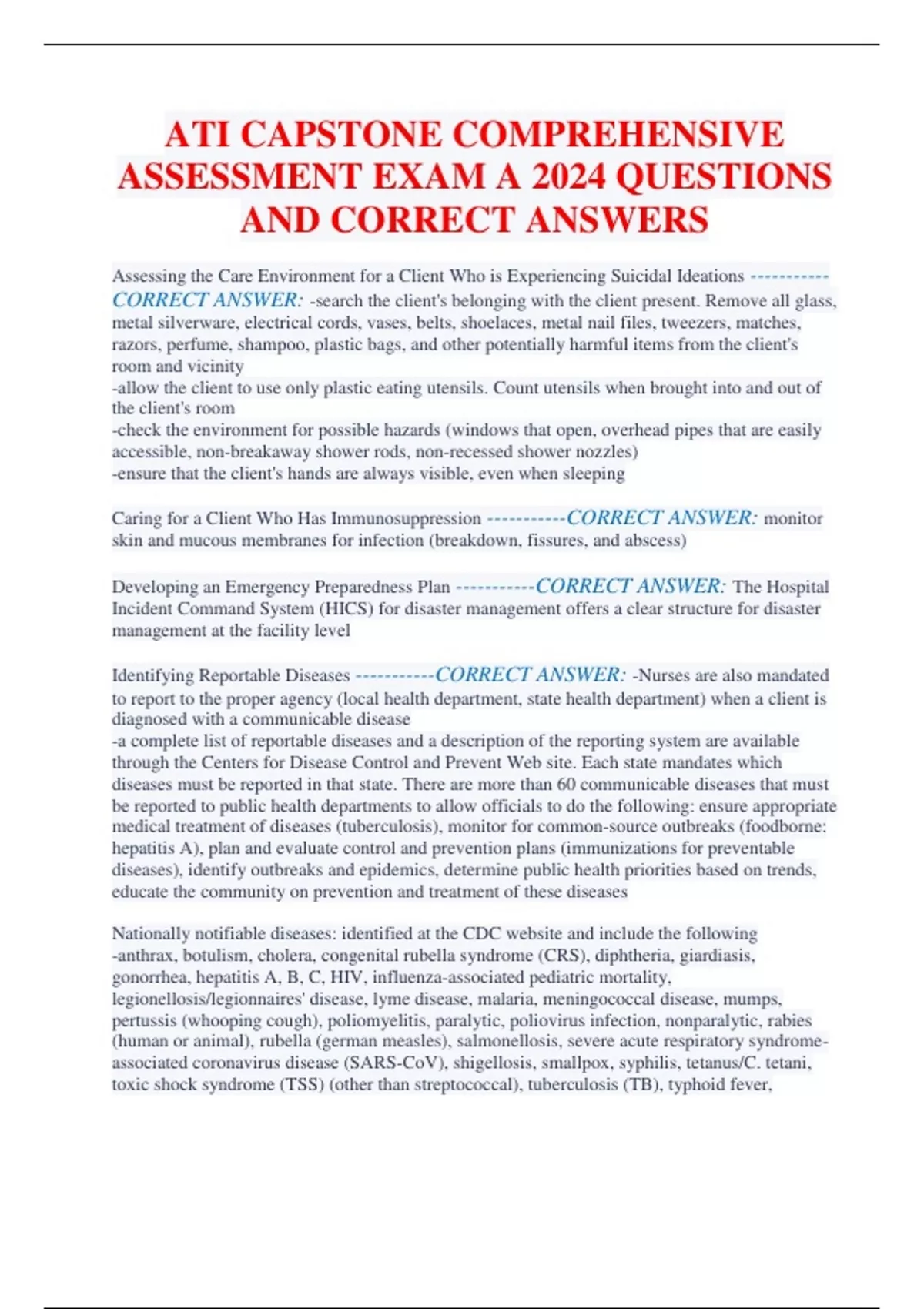 ATI CAPSTONE COMPREHENSIVE ASSESSMENT EXAM A 2024 QUESTIONS AND CORRECT ...