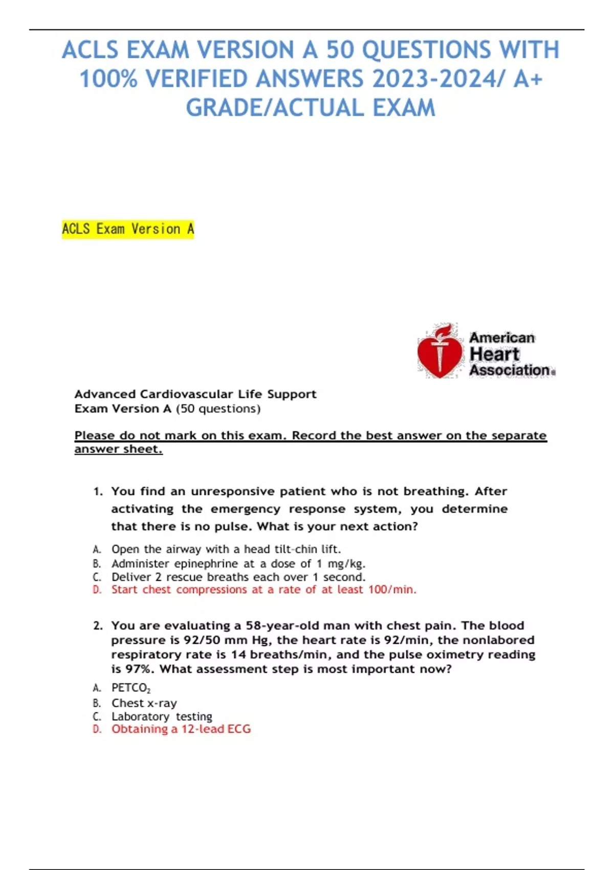 ACLS EXAM VERSION A 50 QUESTIONS WITH 100% VERIFIED ANSWERS / A+ GRADE ...