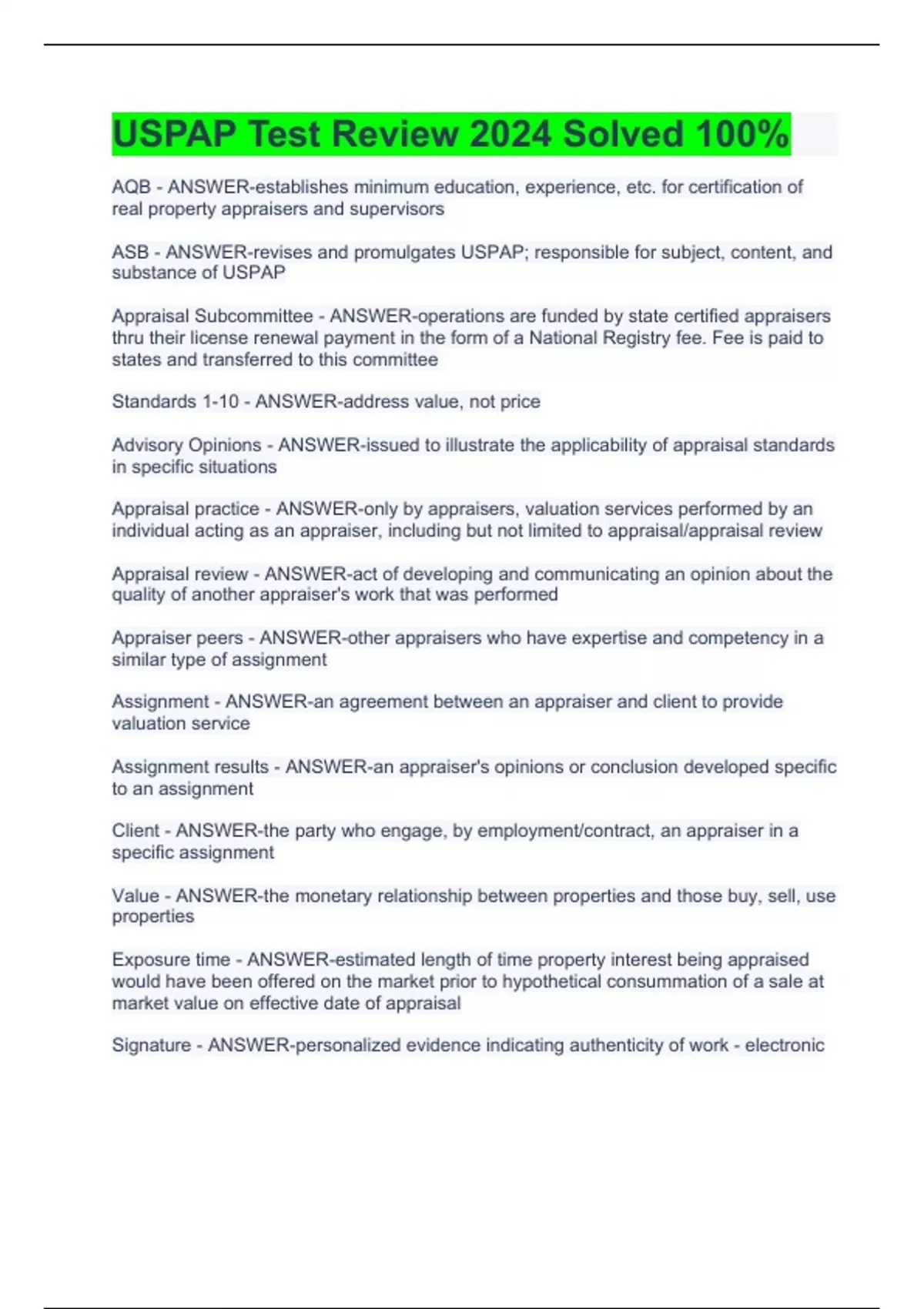 USPAP Test Review 2024 Solved 100% - Uspap - Stuvia US