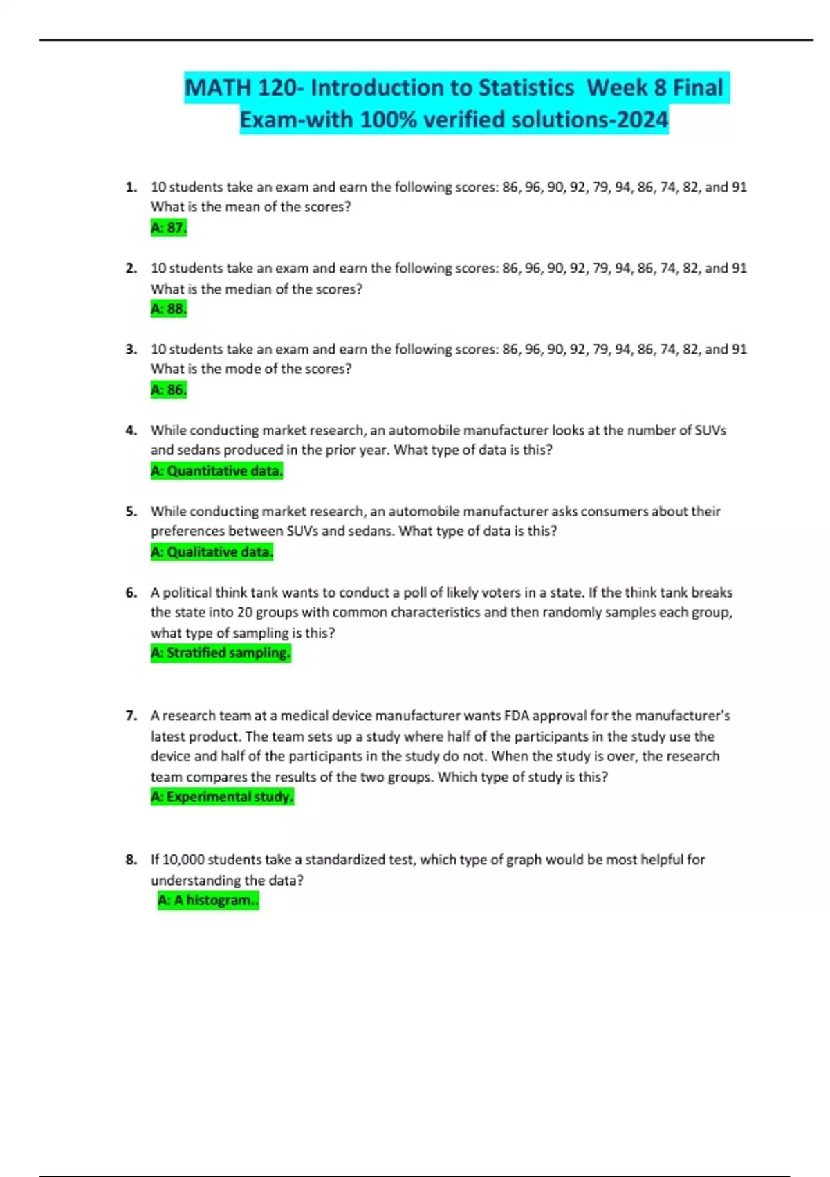 MATH 120- Introduction to Statistics Week 8 Final Exam-with 100% ...